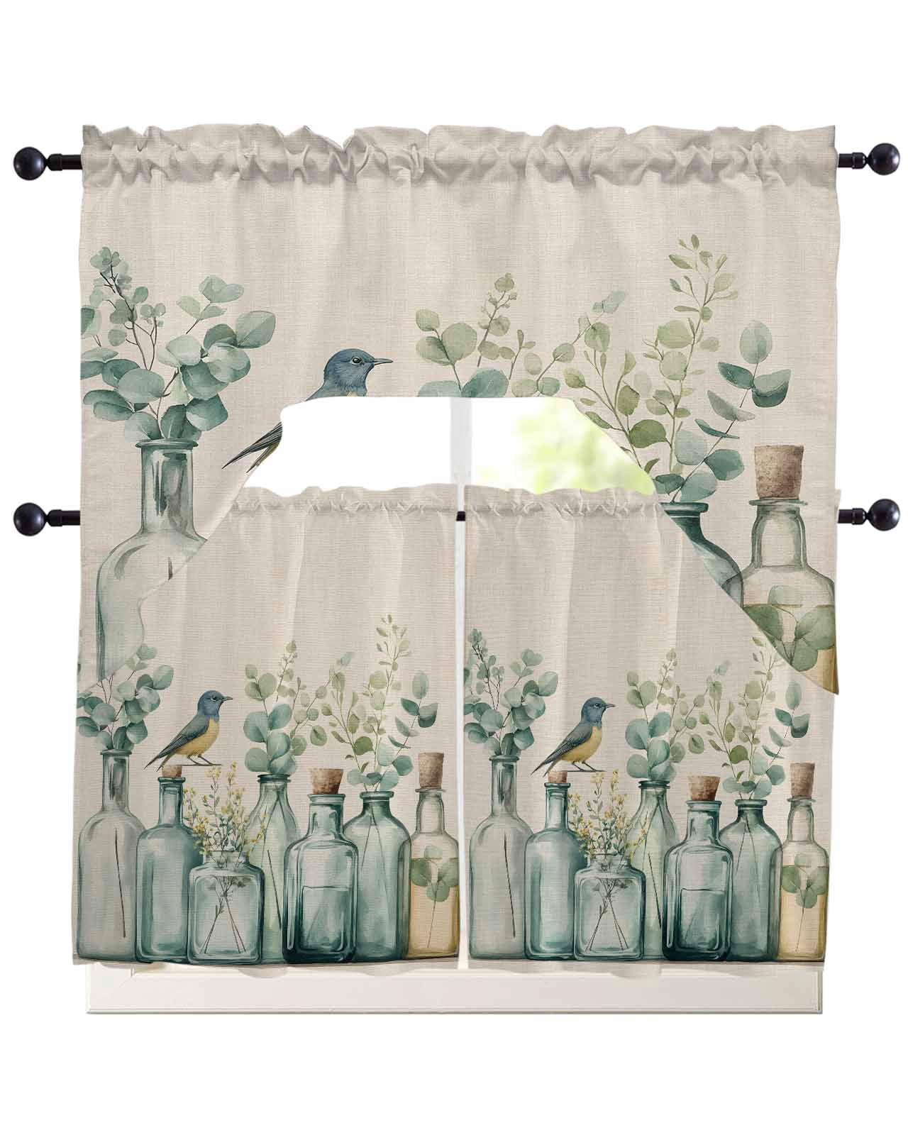 Teal Eucalyptus Leaves Kitchen Curtains Swag Valance and Tier Curtains ...