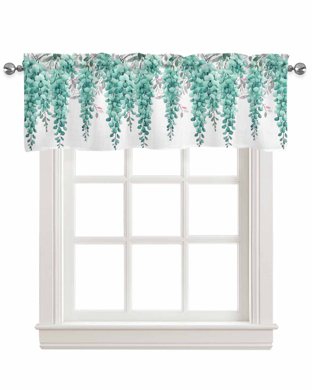Teal Eucalyptus Leaves Kitchen Valances for Windows Farmhouse Linen Window Valance Curtain for ...