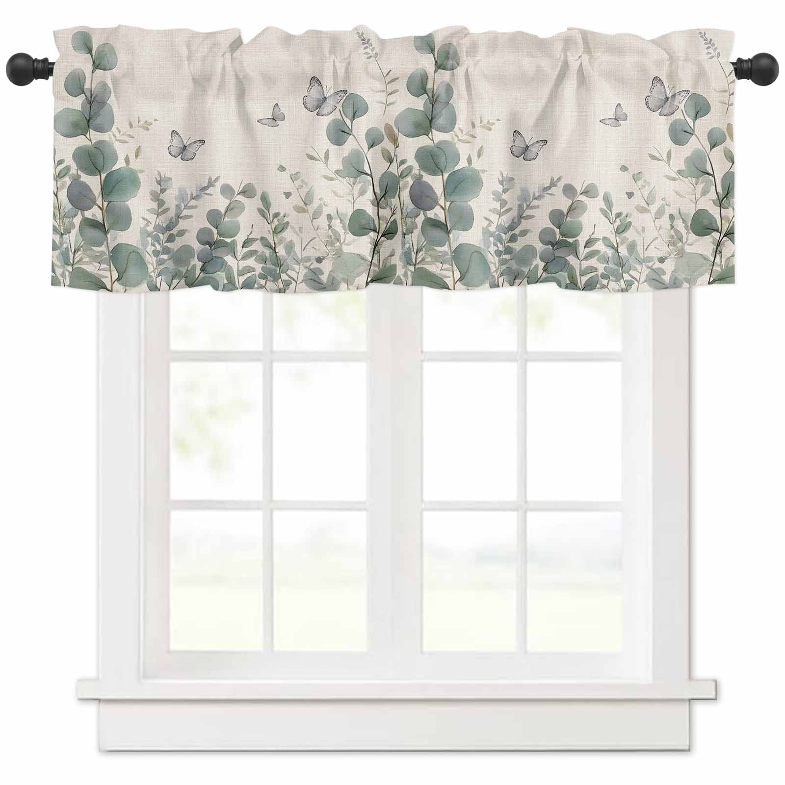 Teal Eucalyptus Leaves Valances for Windows Farmhouse Kitchen Curtains ...