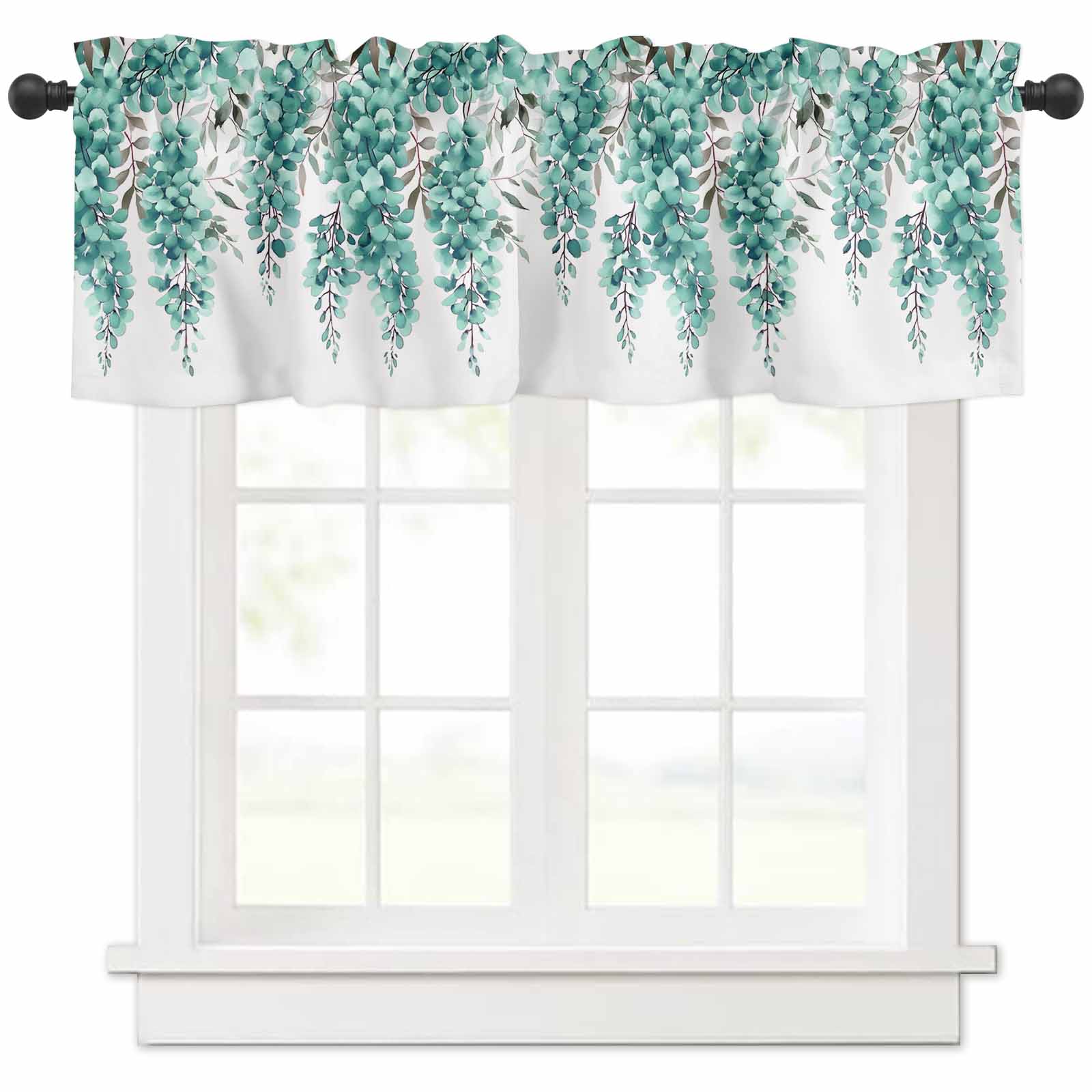 Teal Eucalyptus Leaves Valances for Windows Farmhouse Kitchen Curtains ...