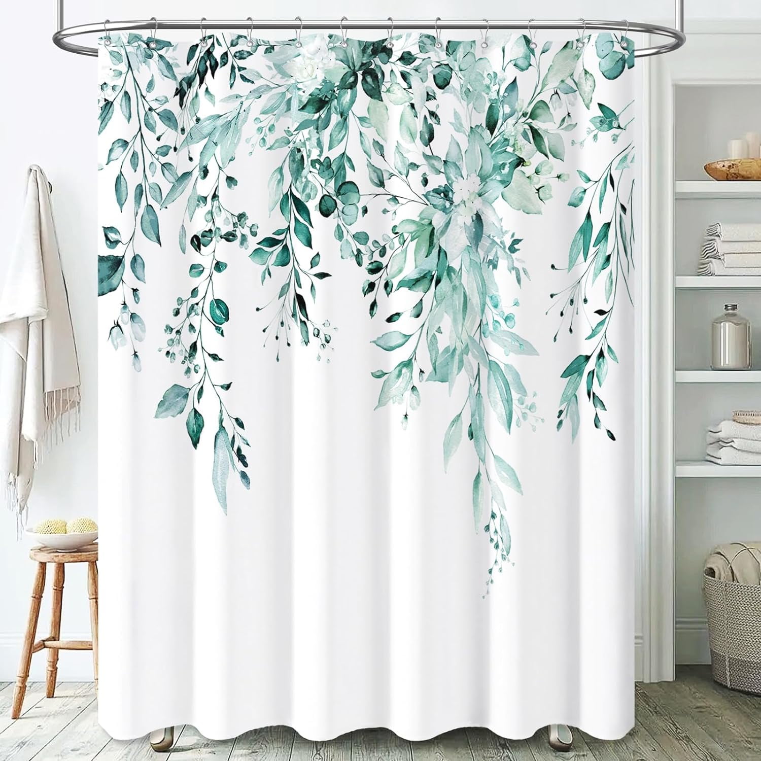Teal Eucalyptus Shower Curtain - Watercolor Plant Leaves Floral Fabric ...