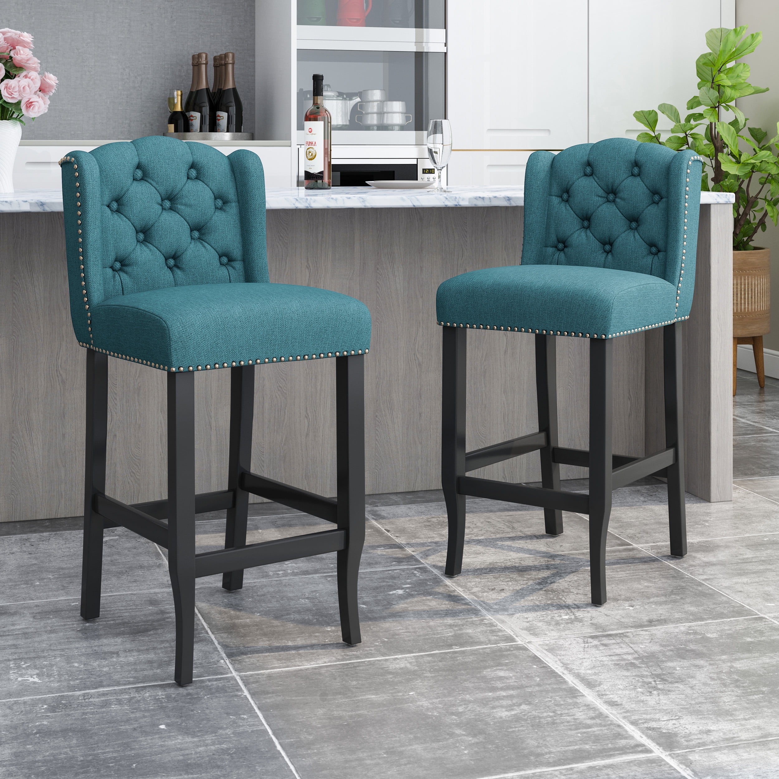 Teal Fabric Tufted Wingback Counter Stools, Set of 2, for Kitchen ...