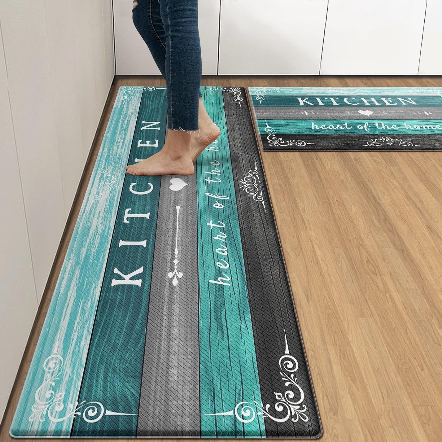 Teal Farmhouse Anti-Fatigue Kitchen Rug Set of 2 Grey Black Green Wood ...