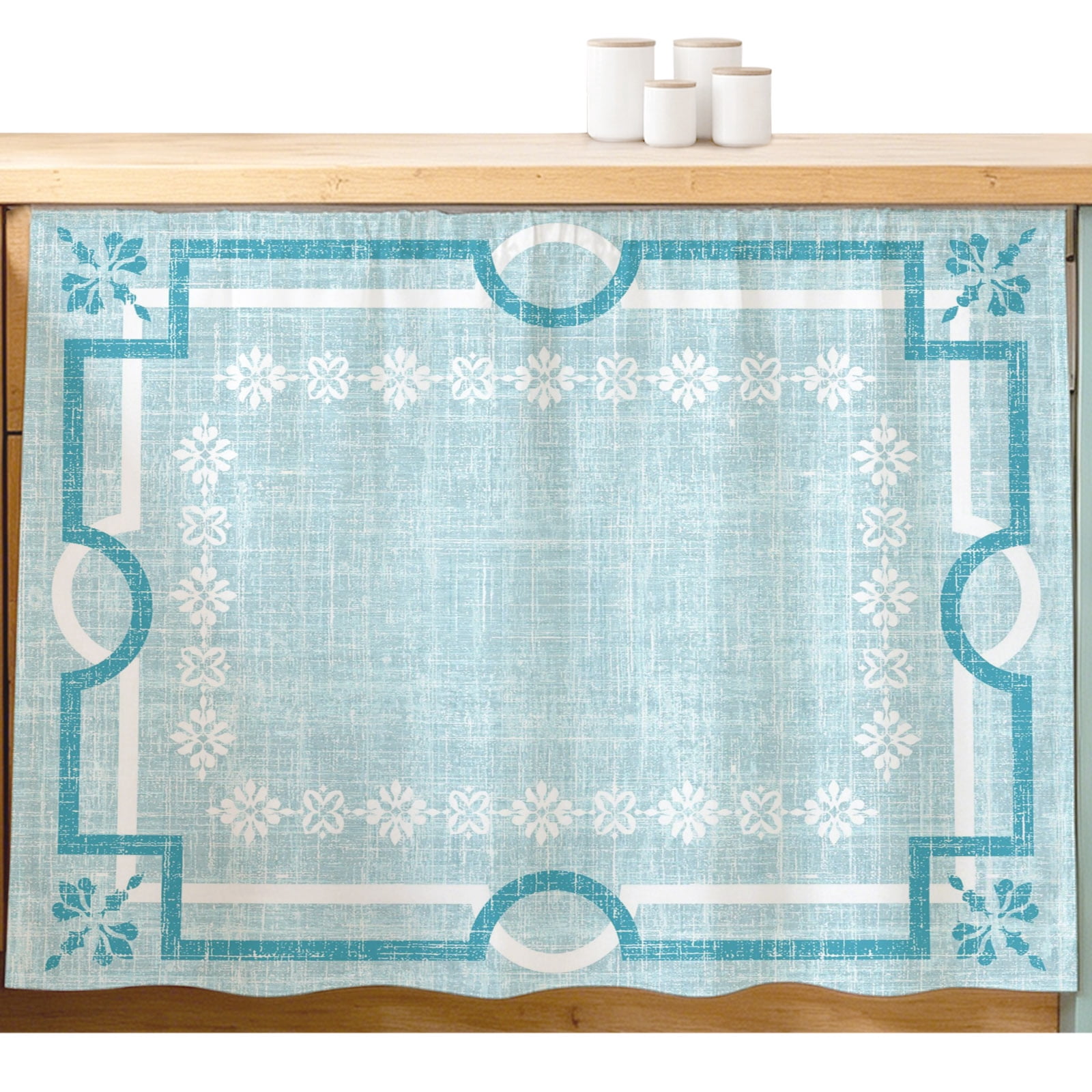 Teal Farmhouse Cabinet Curtains 11" W x 13" L, Linen Texture Geometric ...