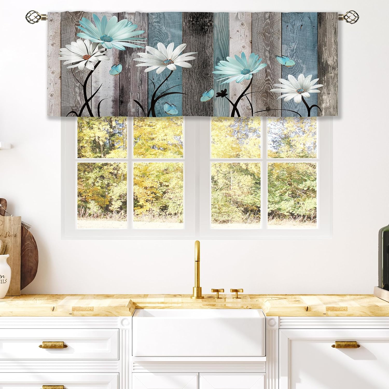 Teal Farmhouse Daisy Curtain Valance for Window Treatments Wooden ...