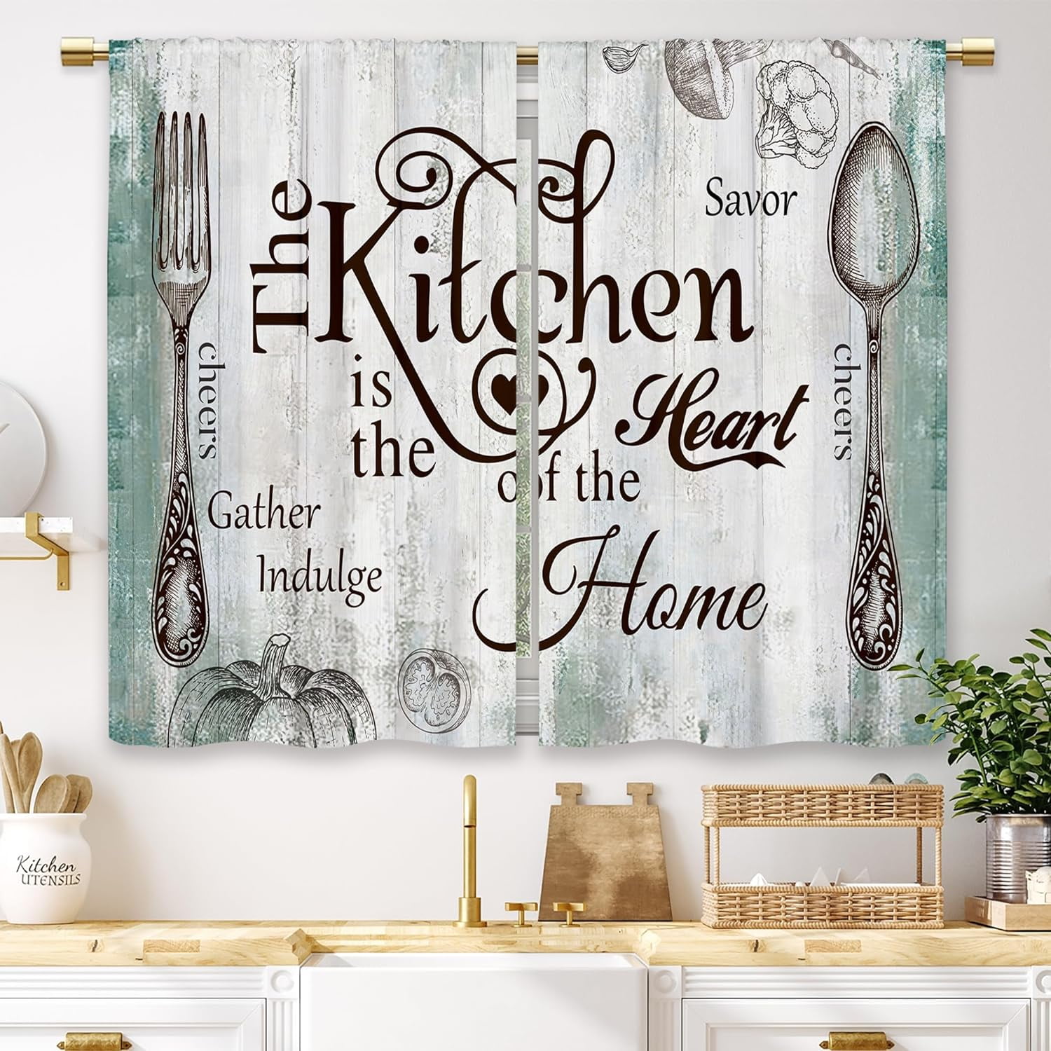 Teal Farmhouse Rustic Kitchen Curtains Wooden Wood Small Short Cafe ...