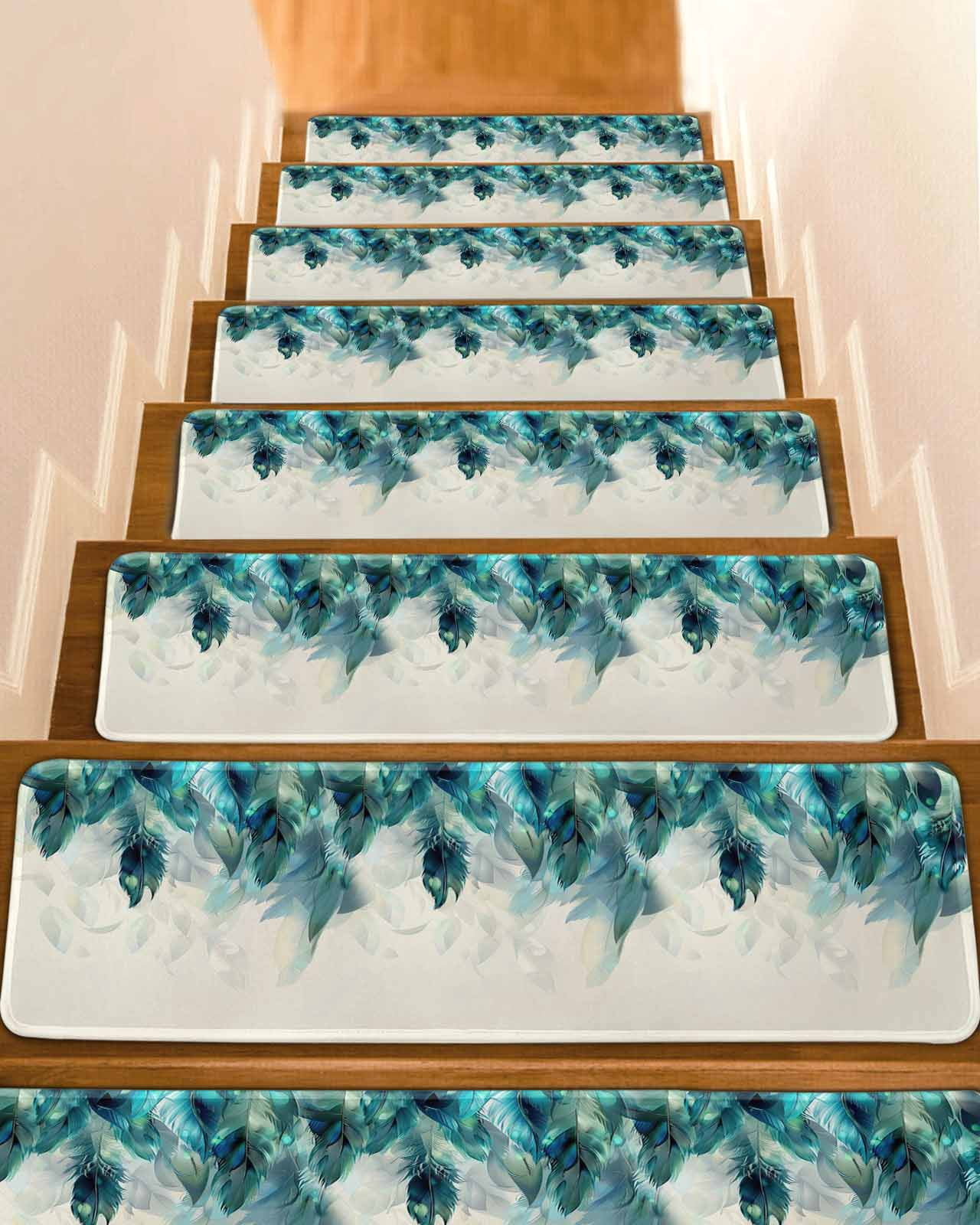 Teal Feather Stair Treads for Wooden Steps Indoor Runner Rug Carpet ...