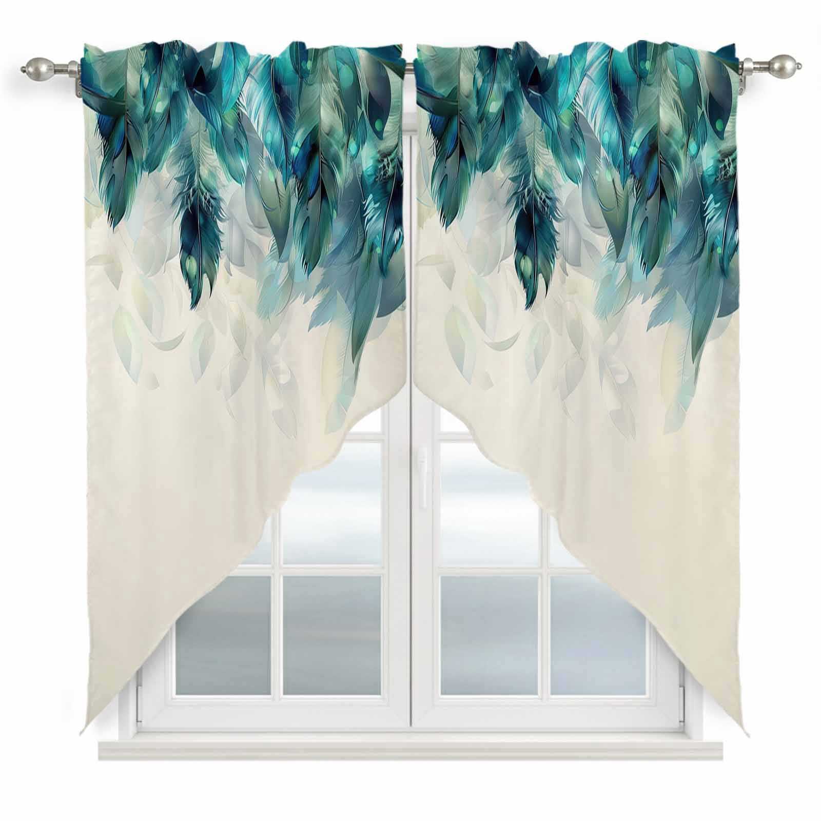 Teal Feather Swag Curtain Valances, Farmhouse Feather Art Teal Ombre ...