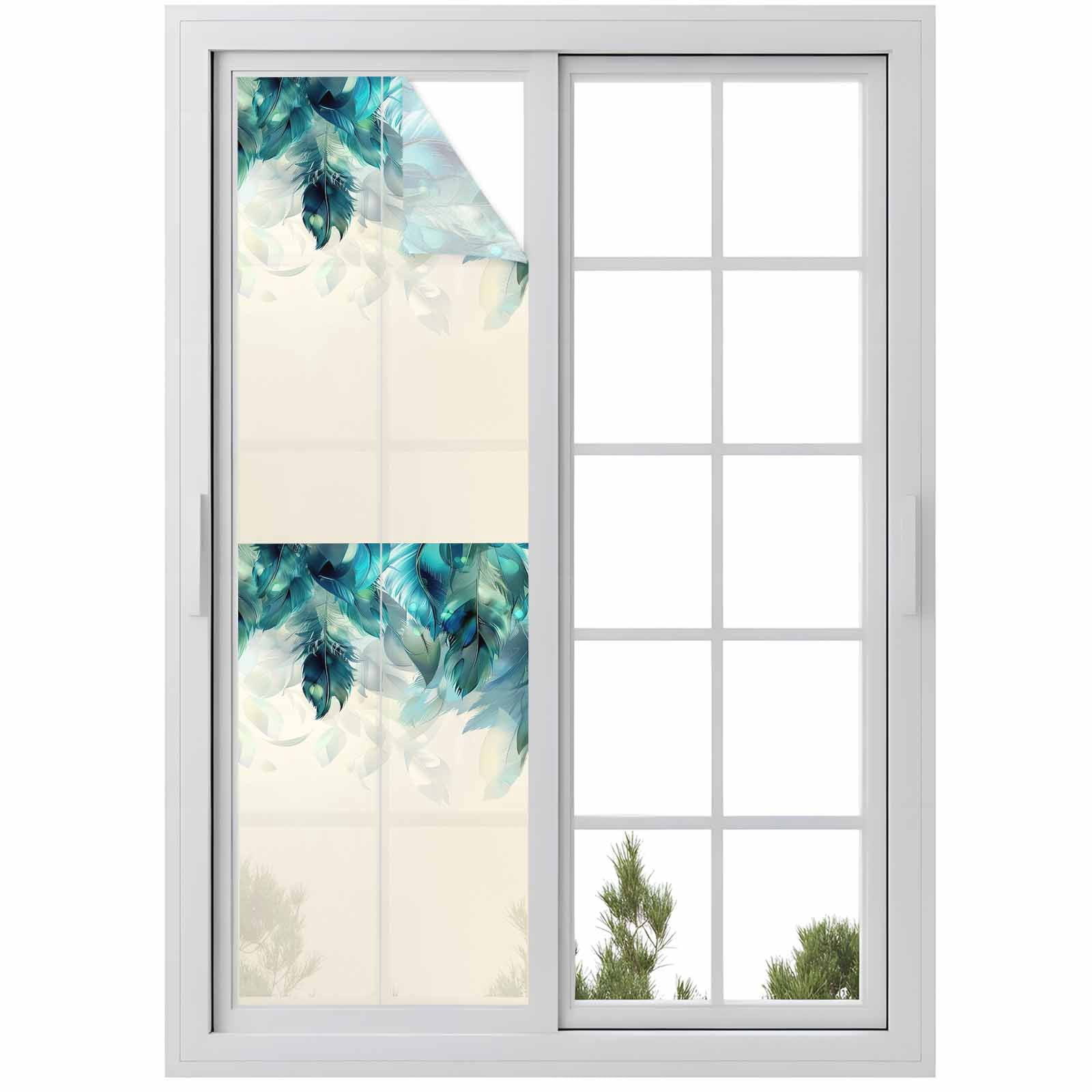 Teal Feather Window Privacy Film, Farmhouse Feather Art Teal Ombre ...
