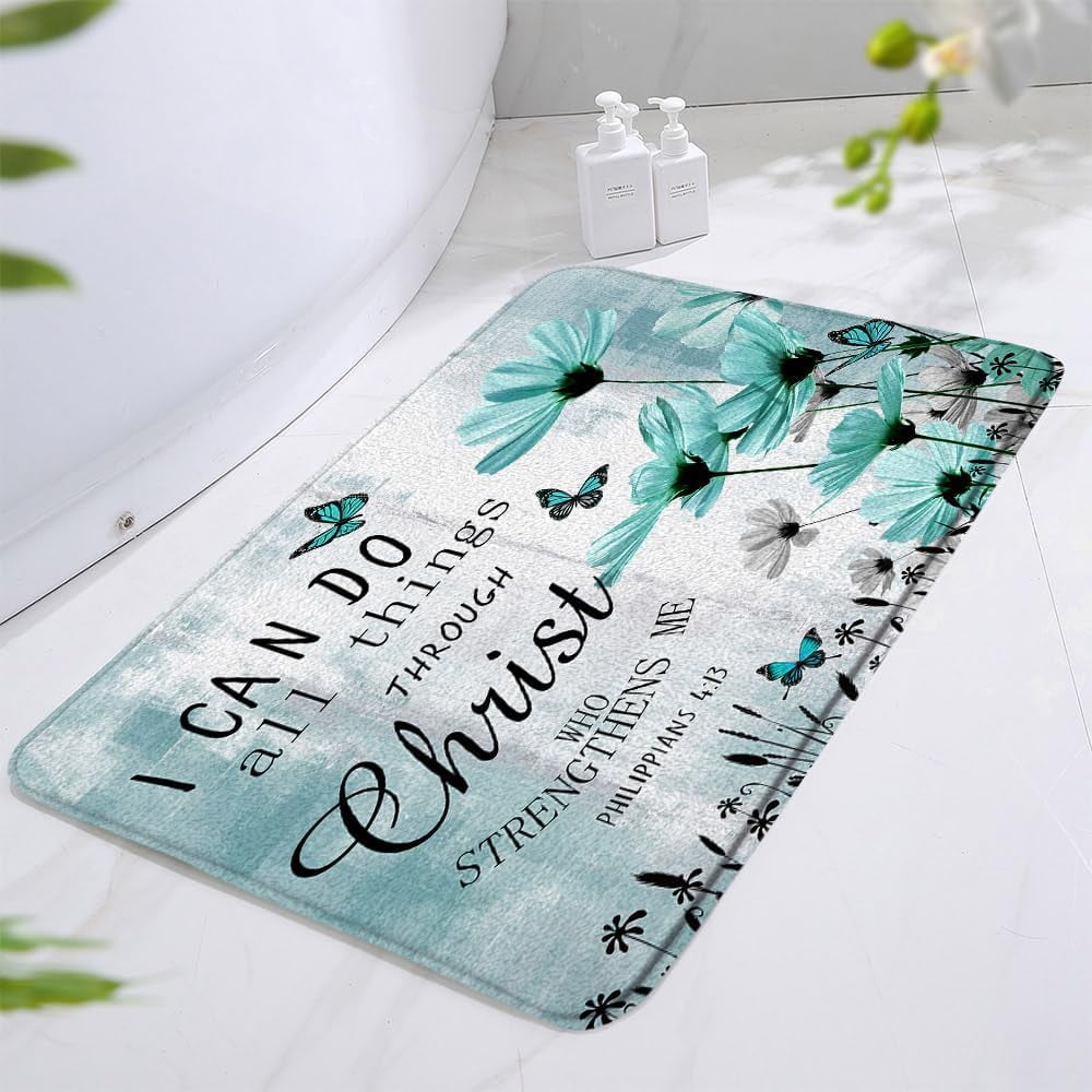 Teal Floral Bath Mats Flower Butterfly Inspirational Quote Motivational ...