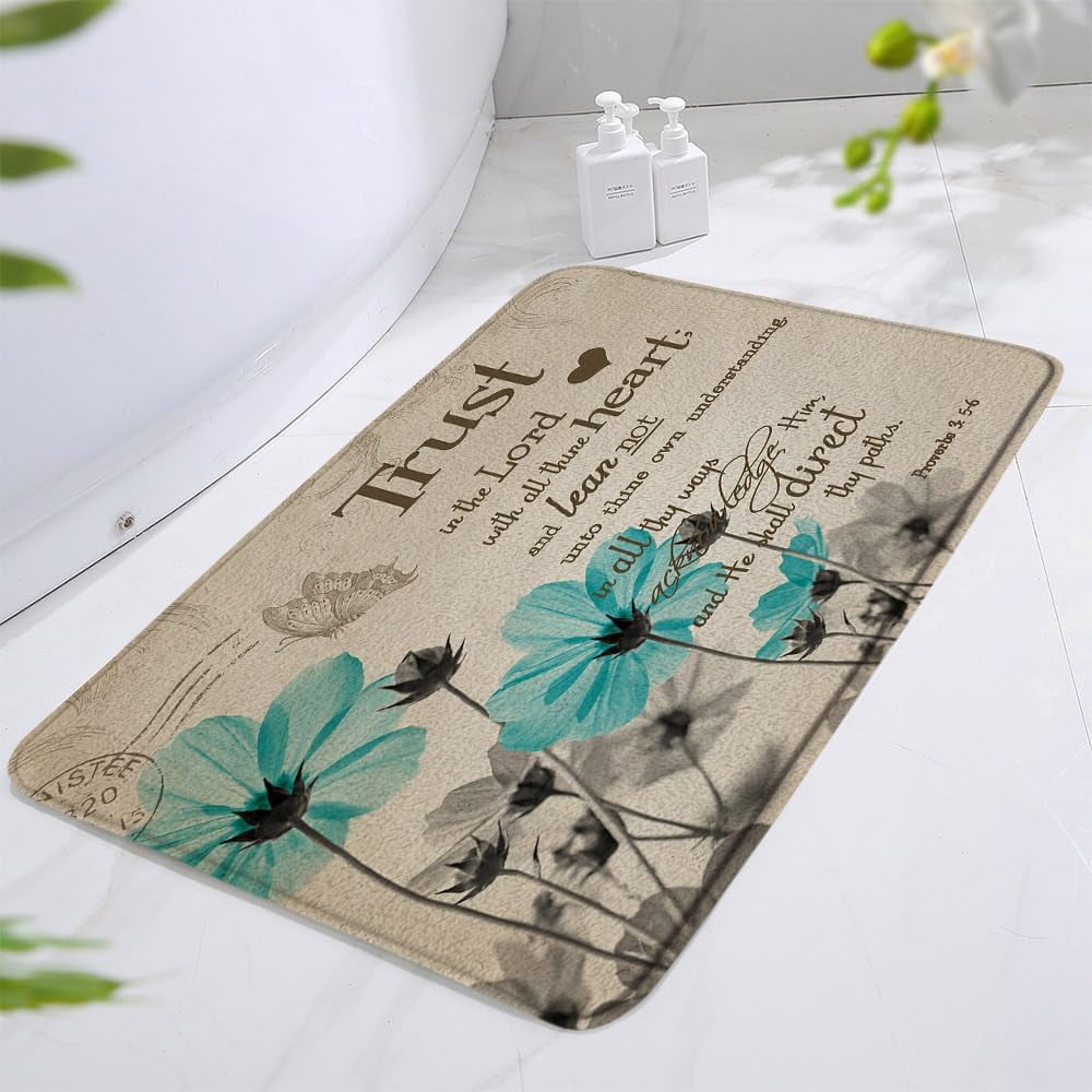 Teal Floral Bath Mats Flower Butterfly Inspirational Quote Motivational ...