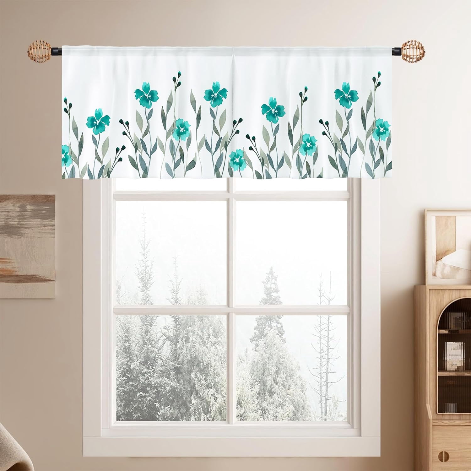 Teal Floral Botanical Leaves Flowers Curtain Toppers Valance for Window ...