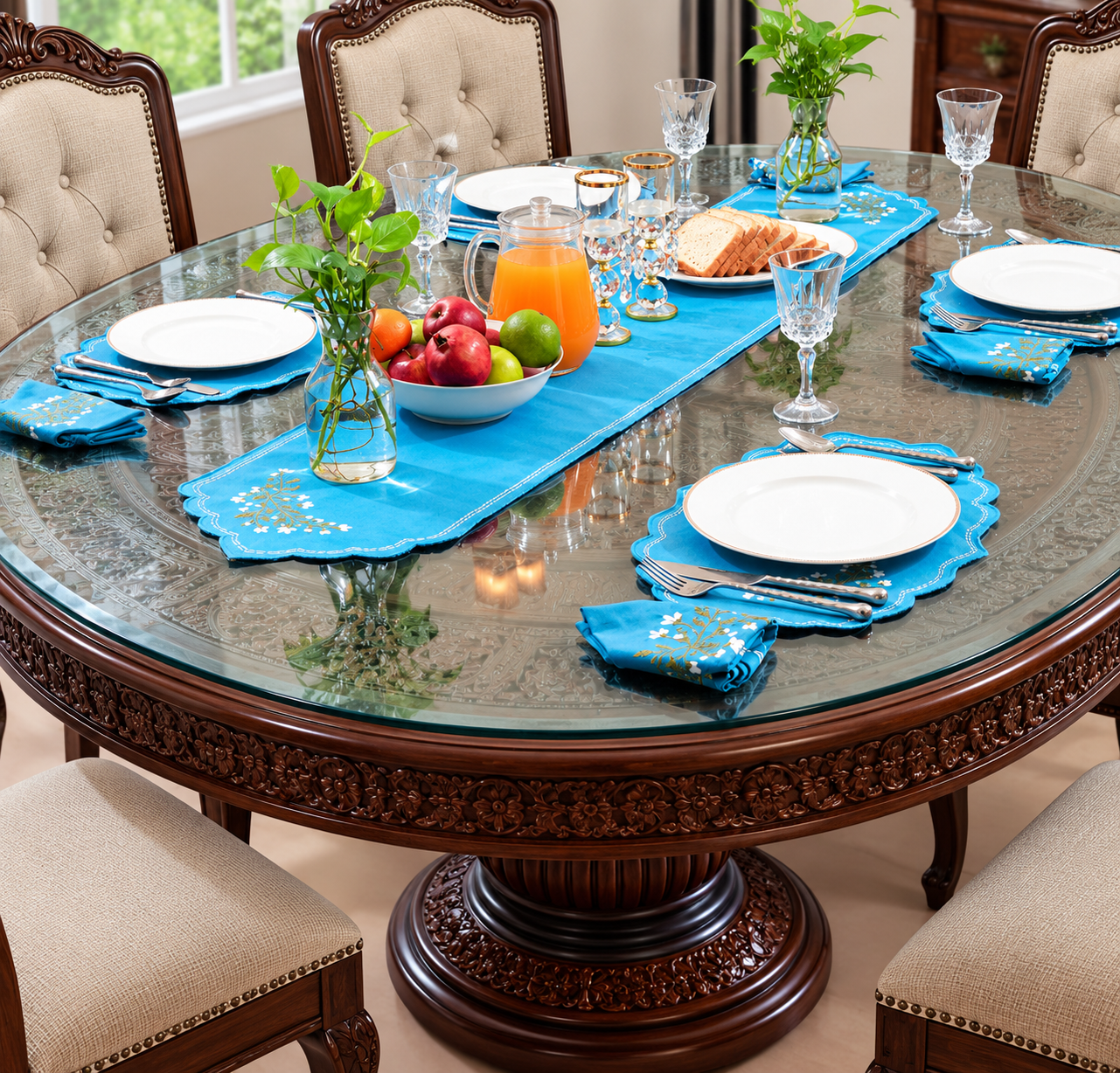 MYOON Teal Floral Embroidered Table Linen Set of 9(4 Napkins, 4 ...
