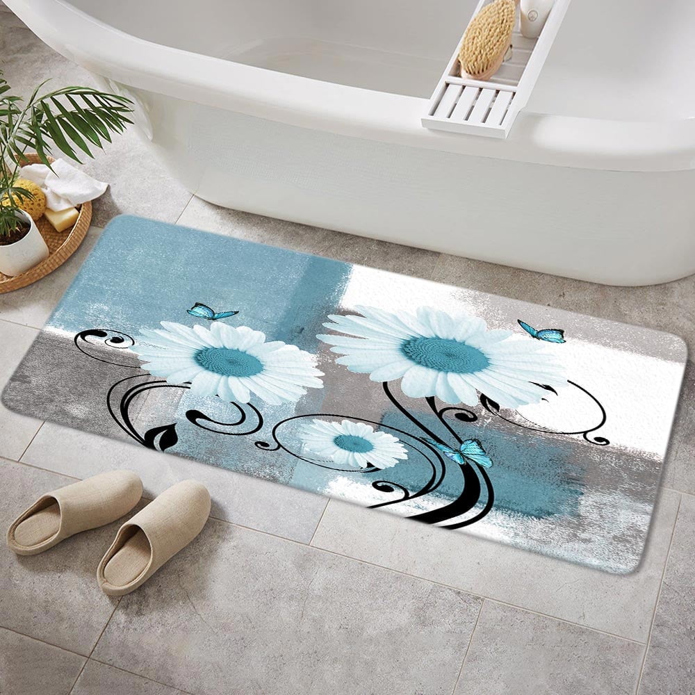 Teal Floral Flower Bathroom Rugs,Daisy on Teal Gray White Abstract ...