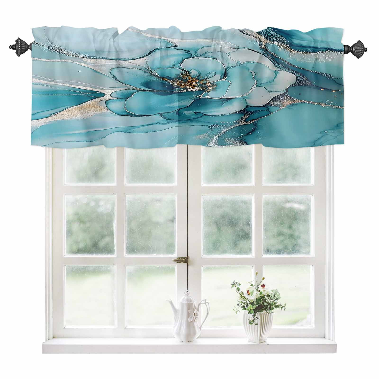 Teal Floral Marble Kitchen Valances for Windows 42x12 Inch Kitchen ...