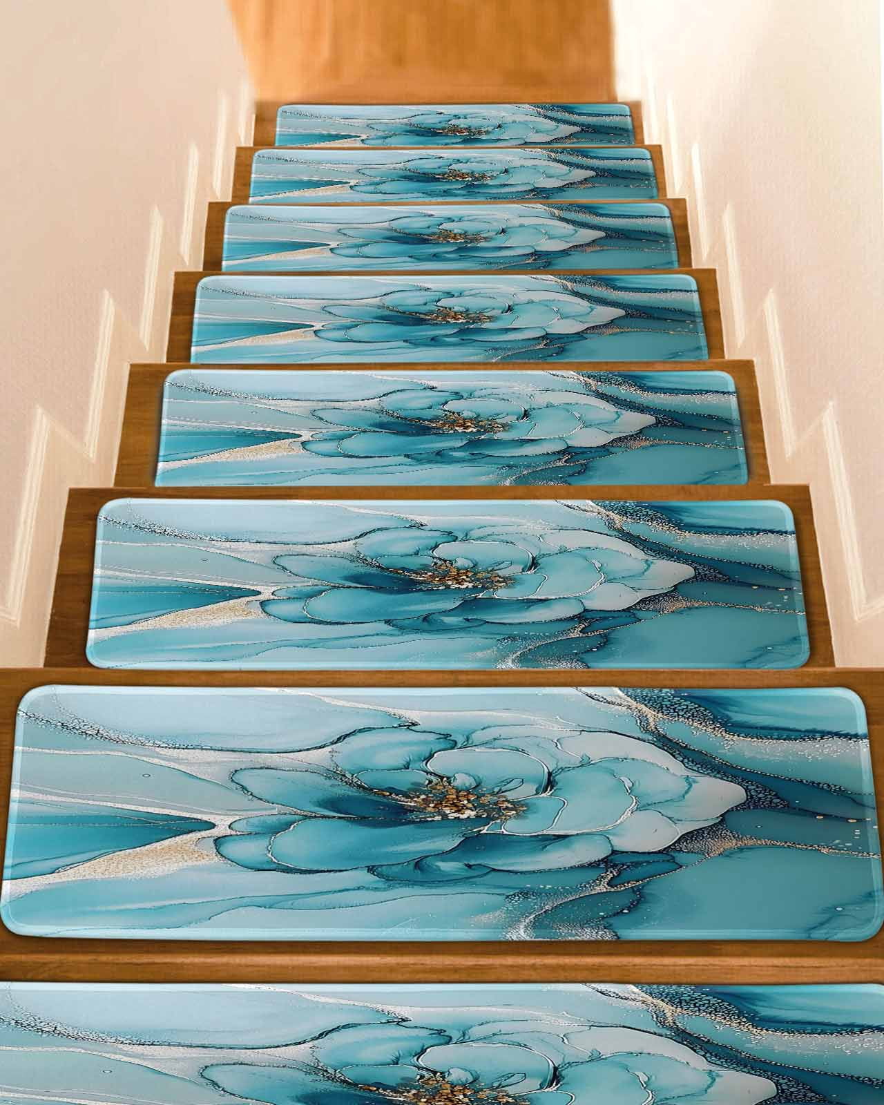 Teal Floral Marble Non-Slip Stair Treads for Wooden Steps, 15 Pack ...
