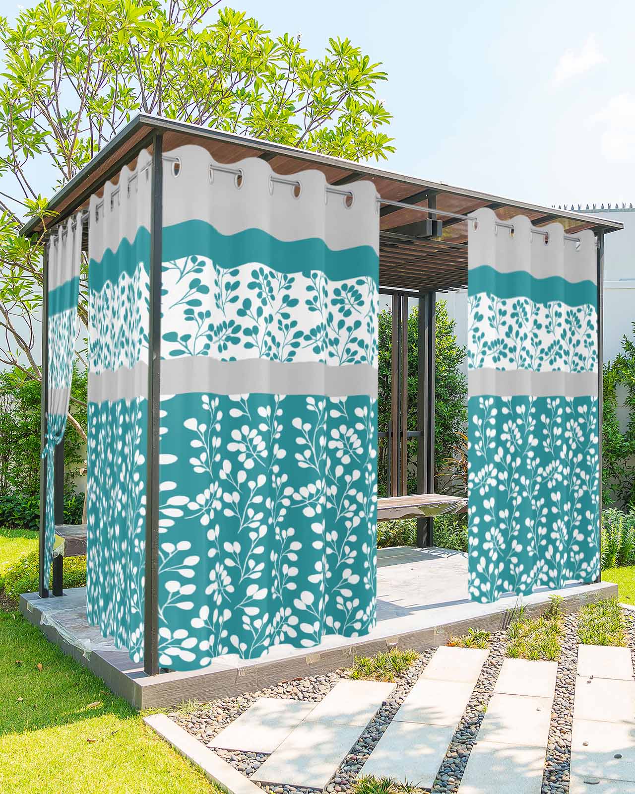 Teal Floral Outdoor Curtains for Patio, Botanical Blossom Motif Boho ...