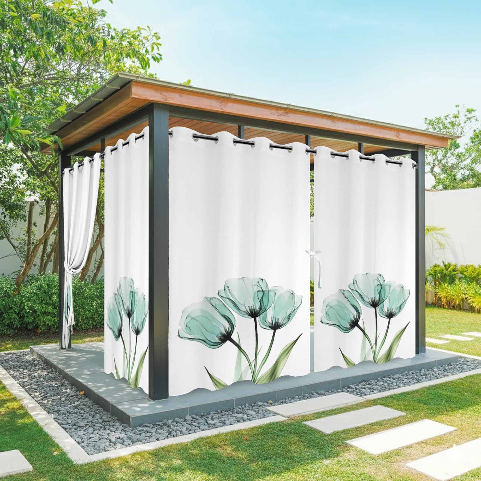 Teal Floral Outdoor Curtains for Patio Waterproof, Teal Tulips Green ...