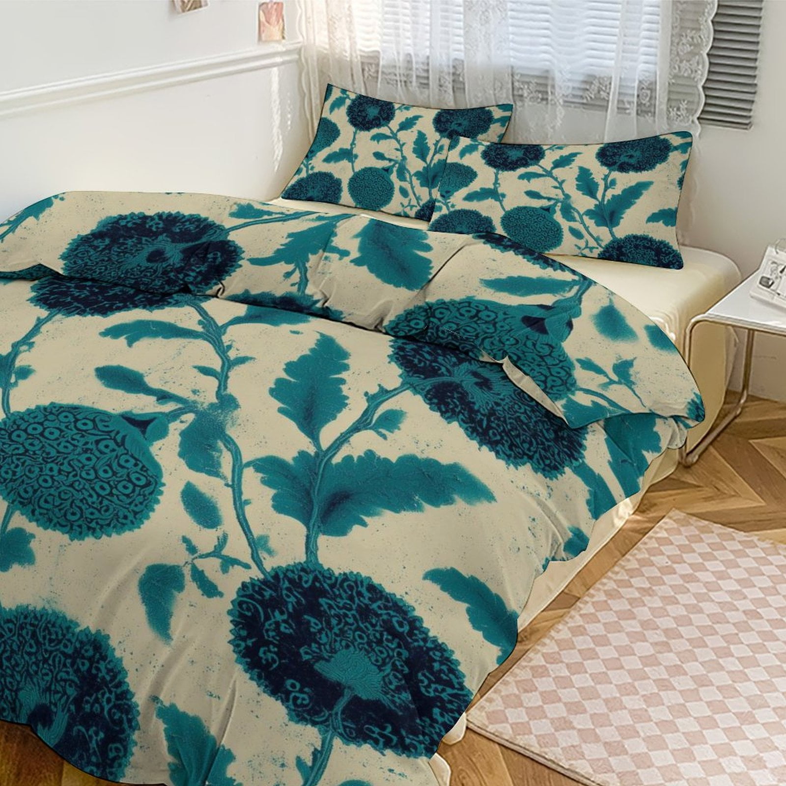 Teal Floral Pattern Vintage Textile Design Bedding Set with Zipper ...