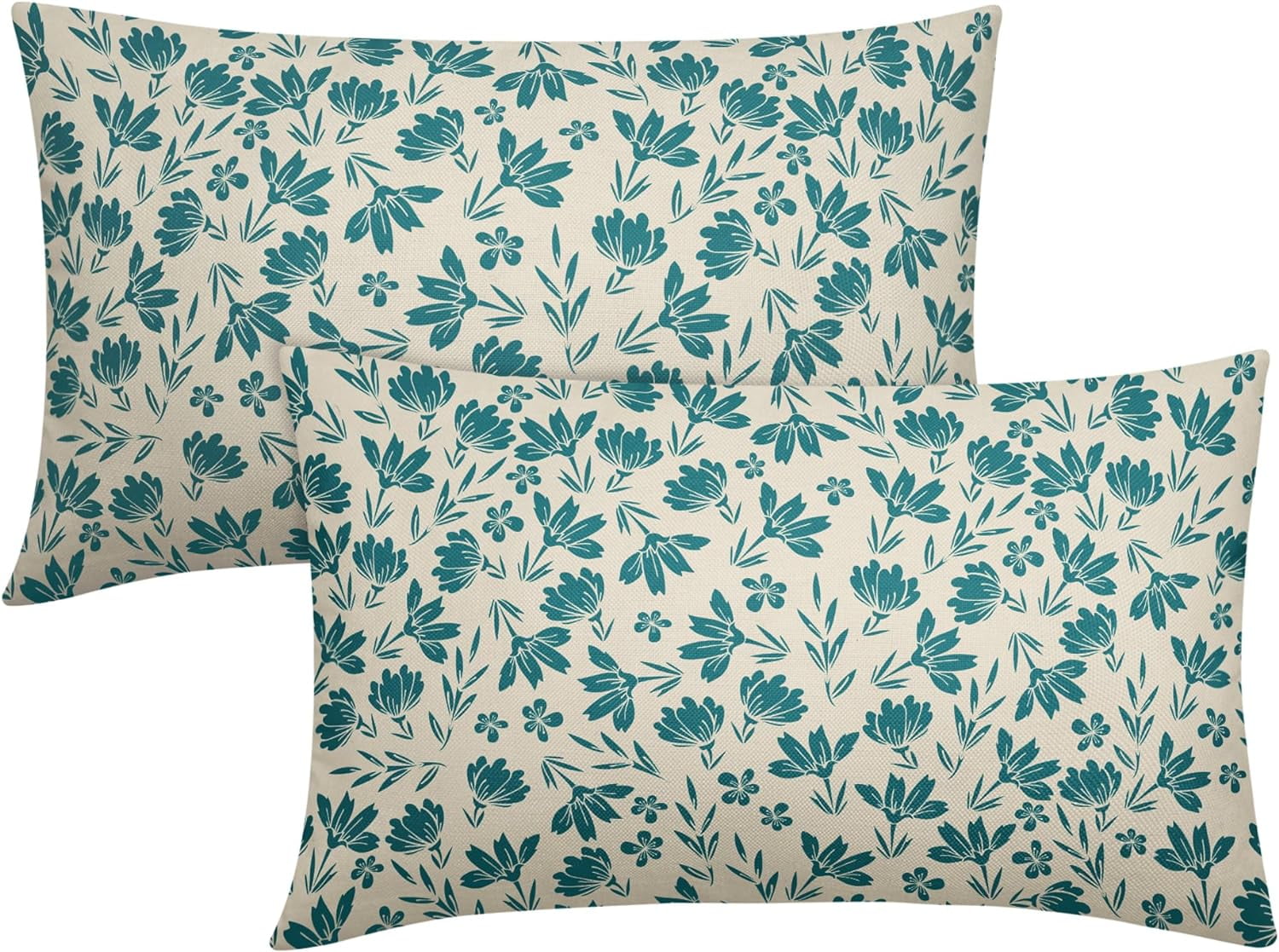Teal Floral Pillow Covers 12x20 Set of 2 Vintage Rustic Old Style Cute ...