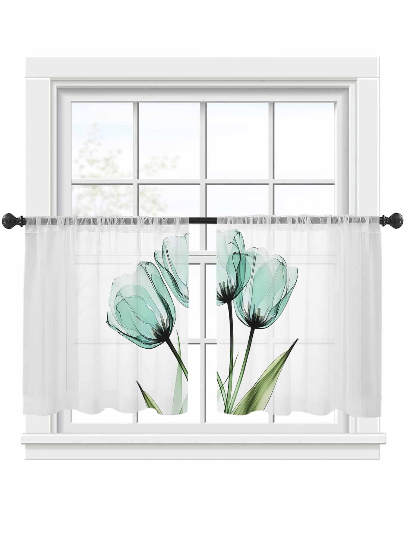 Teal Floral Sheer Curtains 2 Panels Set Teal Tulips Green Leaf Sheer ...