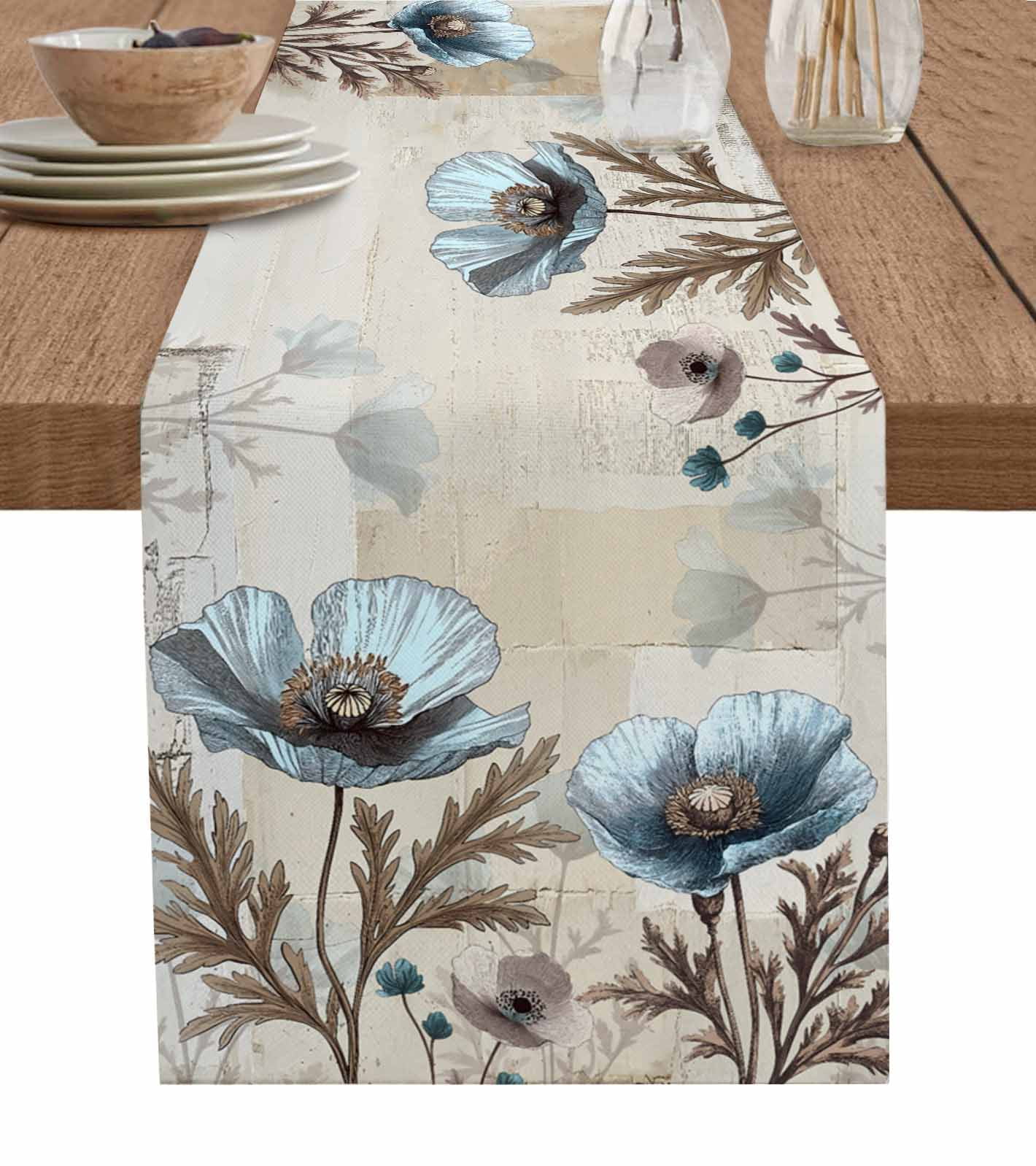 Teal Floral Table Runner 72 Inches, Vintage Country Botanical Tulip ...