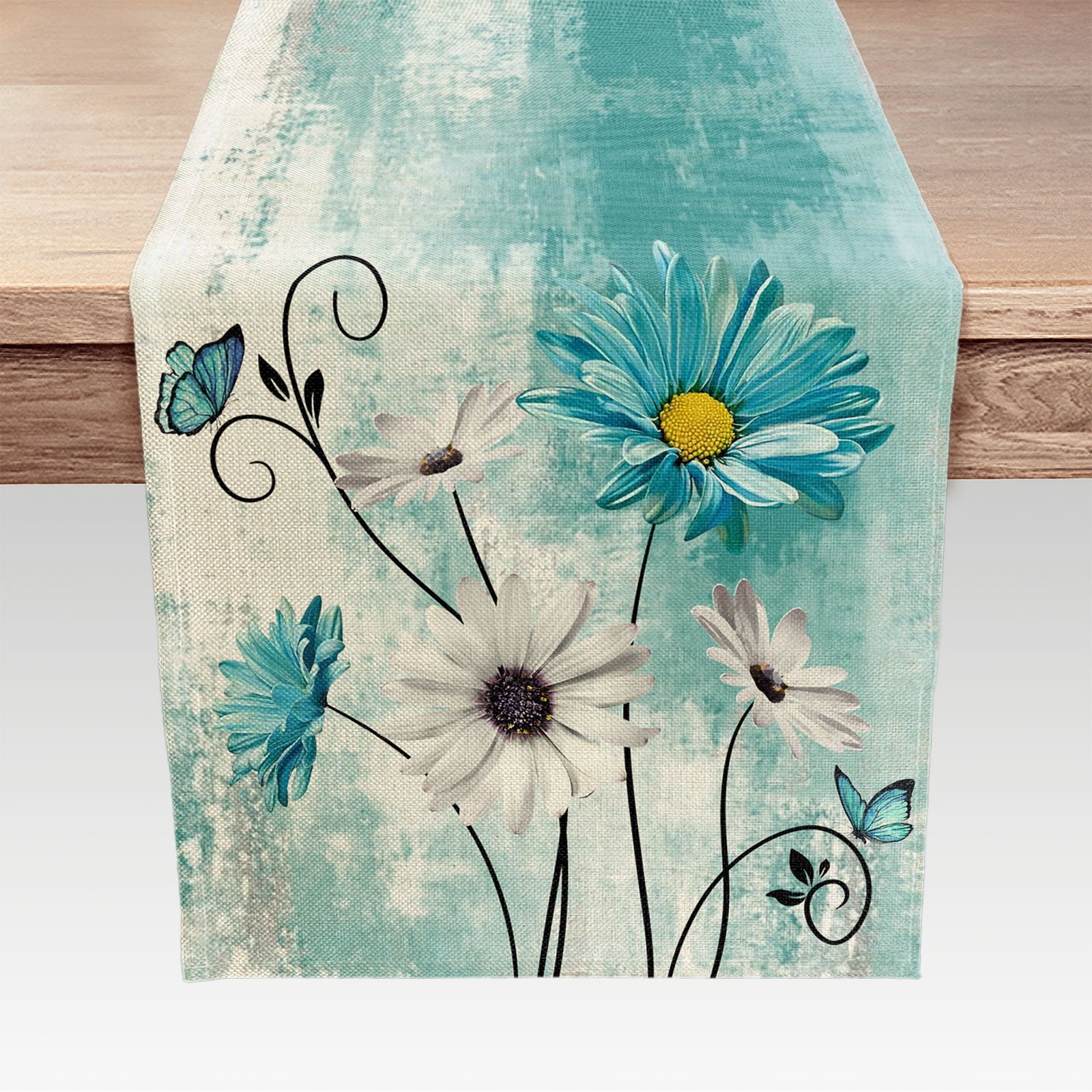 Teal Floral Table Runner, Rustic Farmhouse Green White Flowers Holiday ...