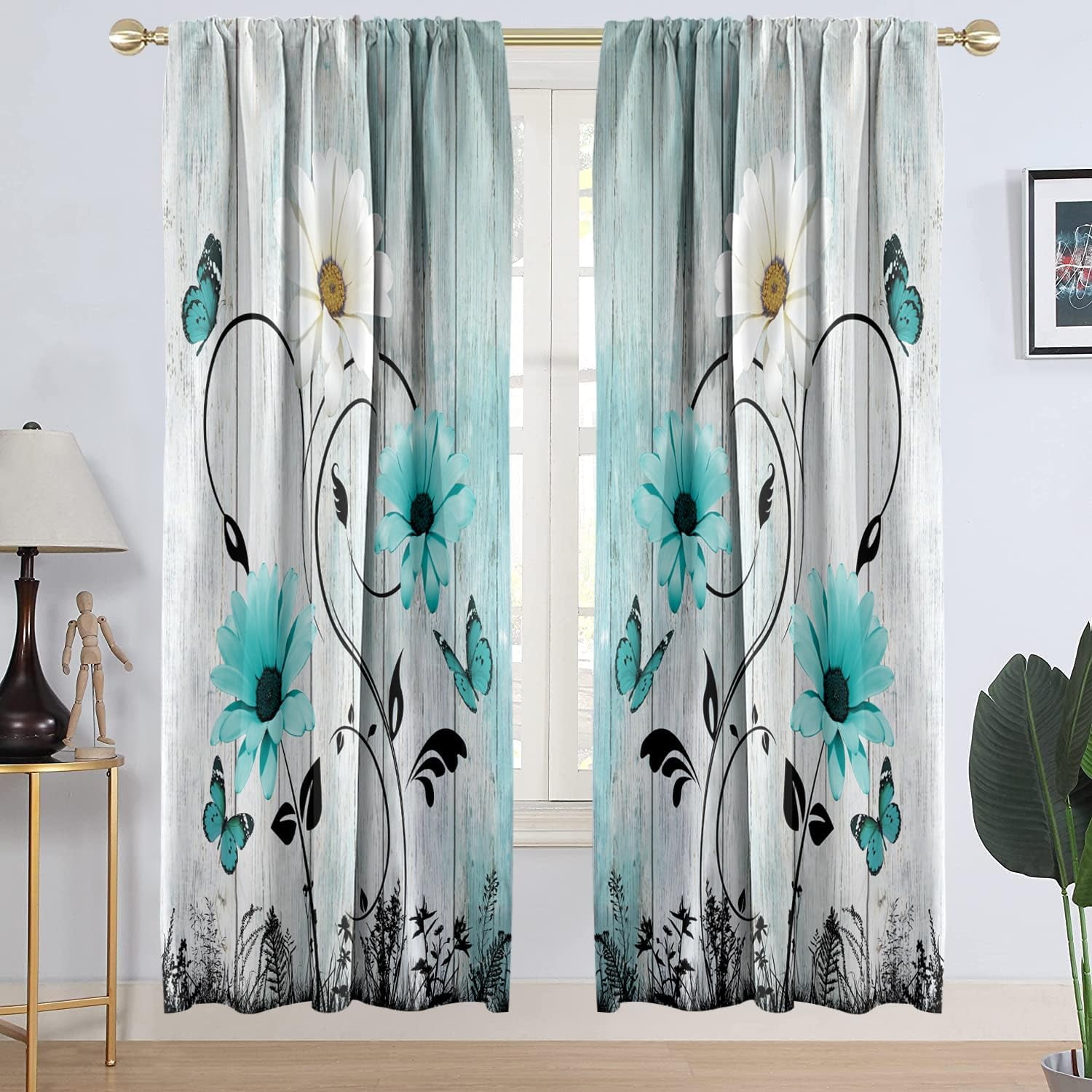Teal Floral Window Curtain Turquoise Aqua Flower Rustic Country White ...