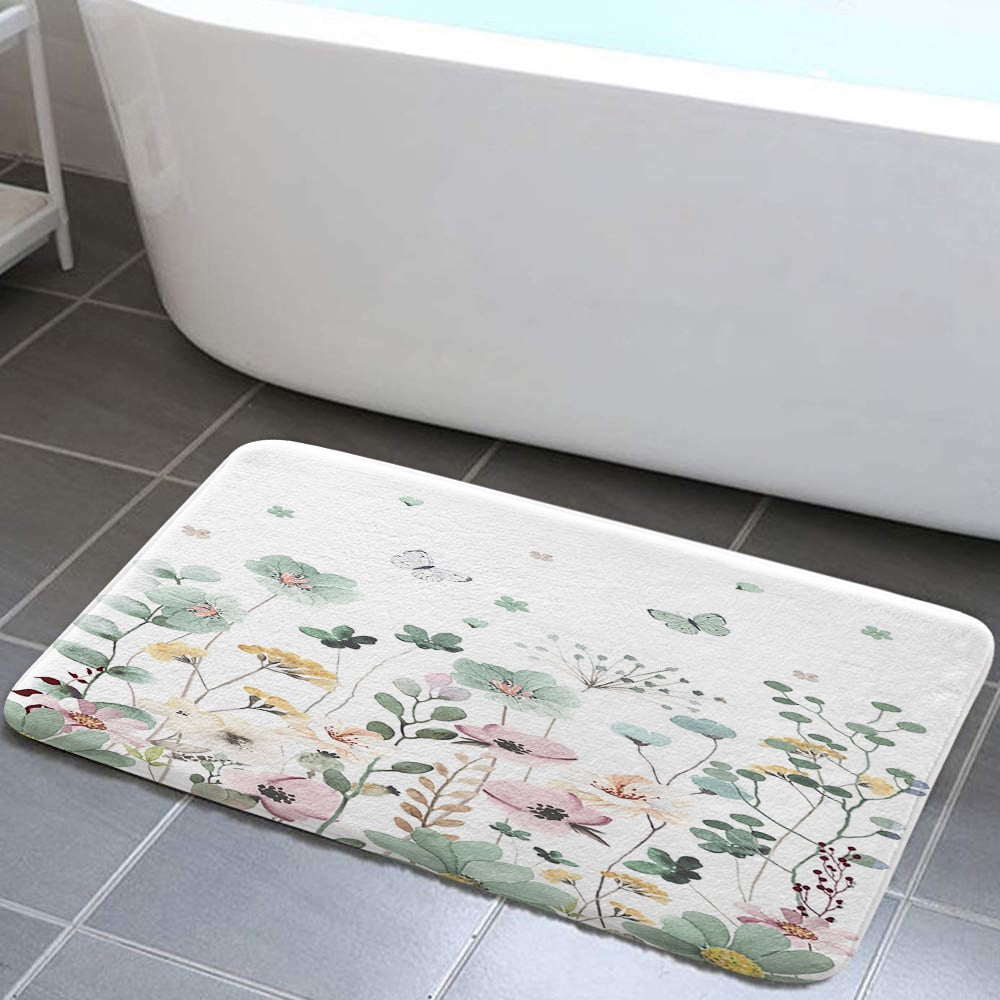 Teal Flower Bath Rugs for Bathroom, Botanical Farmhouse Rustic Yellow ...