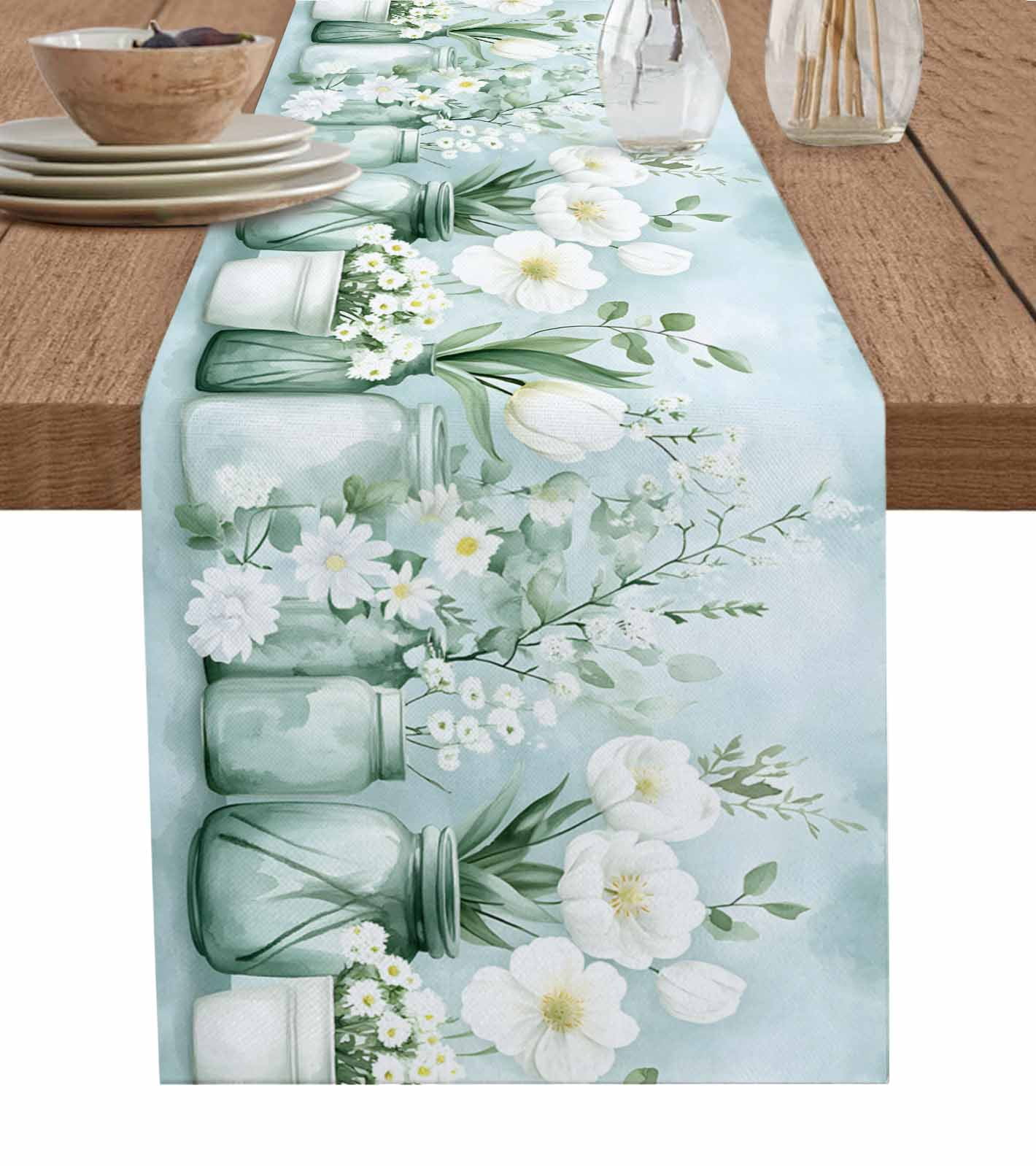 Teal Flower Burlap Cotton Table Runner 13x70 Inches Long, Vase ...