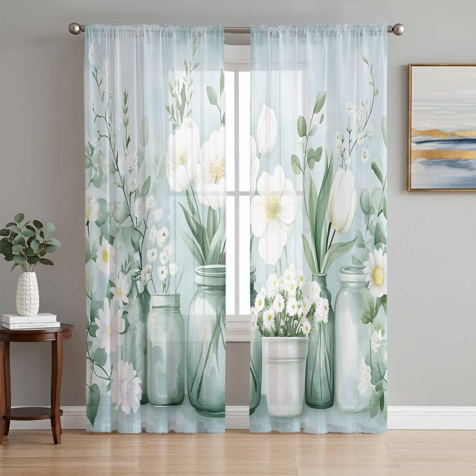 Teal Flower Sheer Curtains 84 Inch Length 2 Panels Set, Vase Botanical ...