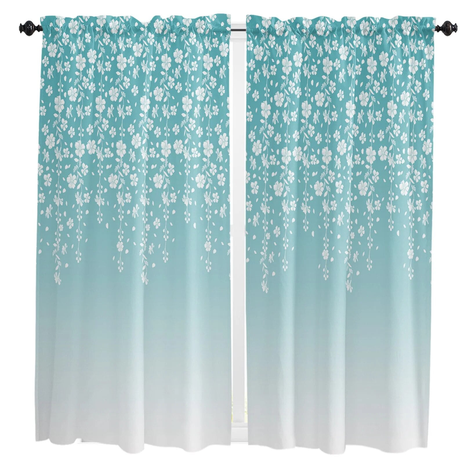 Teal Flower Small Curtain Rod Pocket Short Curtains Half Drapes ...