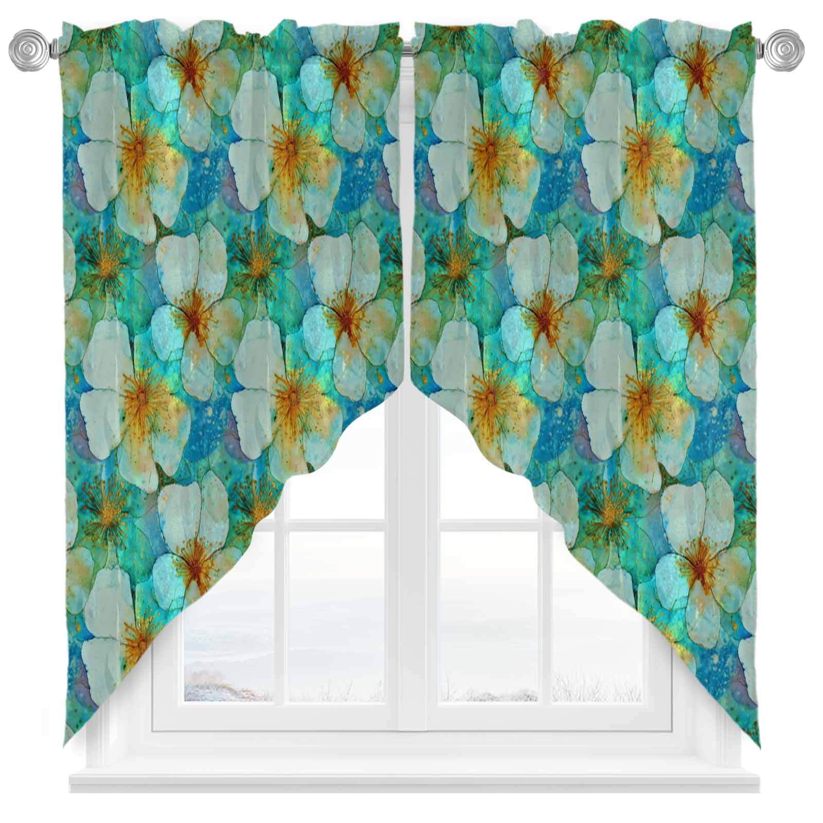 Teal Flower Swag Kitchen Curtain Valances, Retro Abstract Watercolor ...