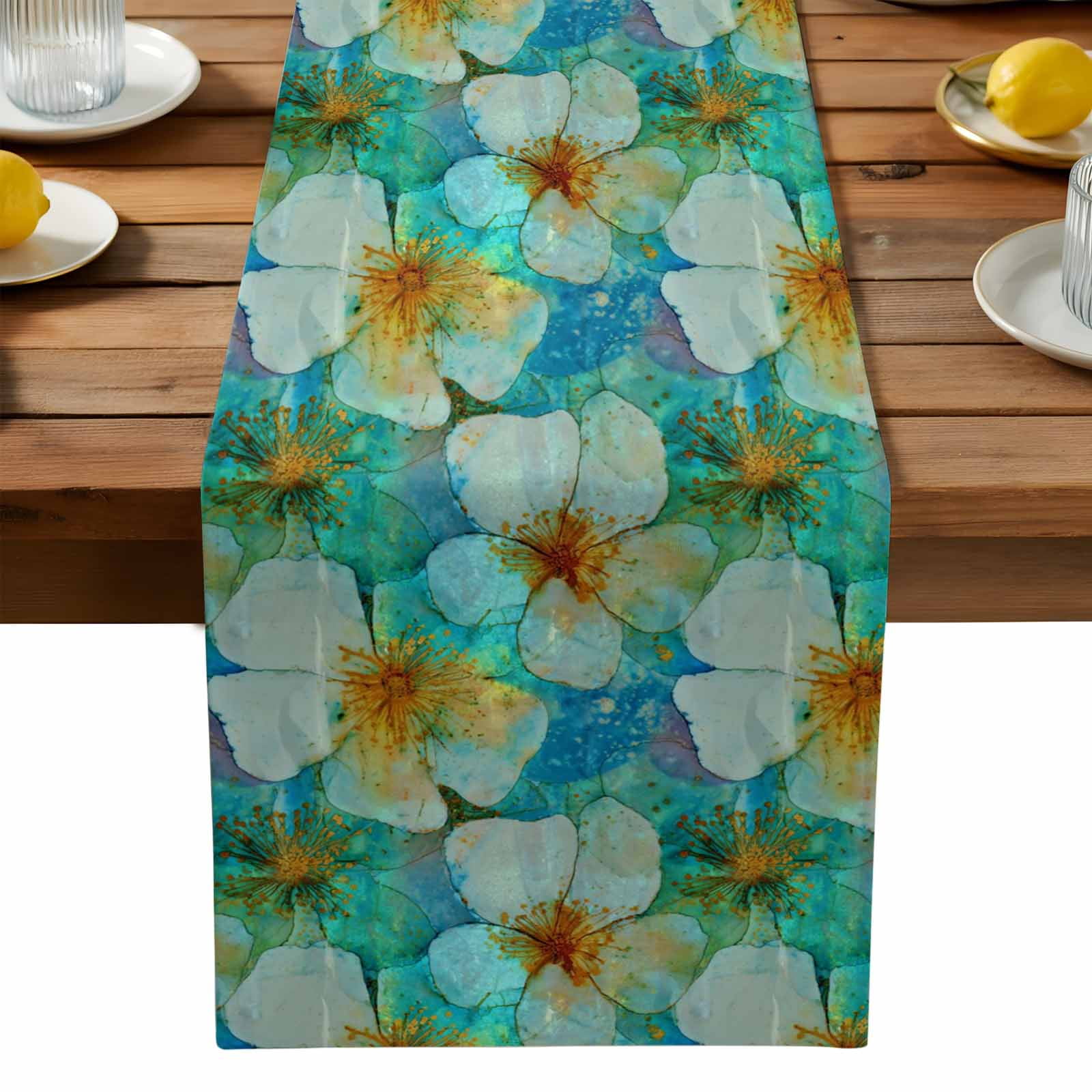 Teal Flower Table Runner, Retro Abstract Watercolor Teal Blue Gold ...
