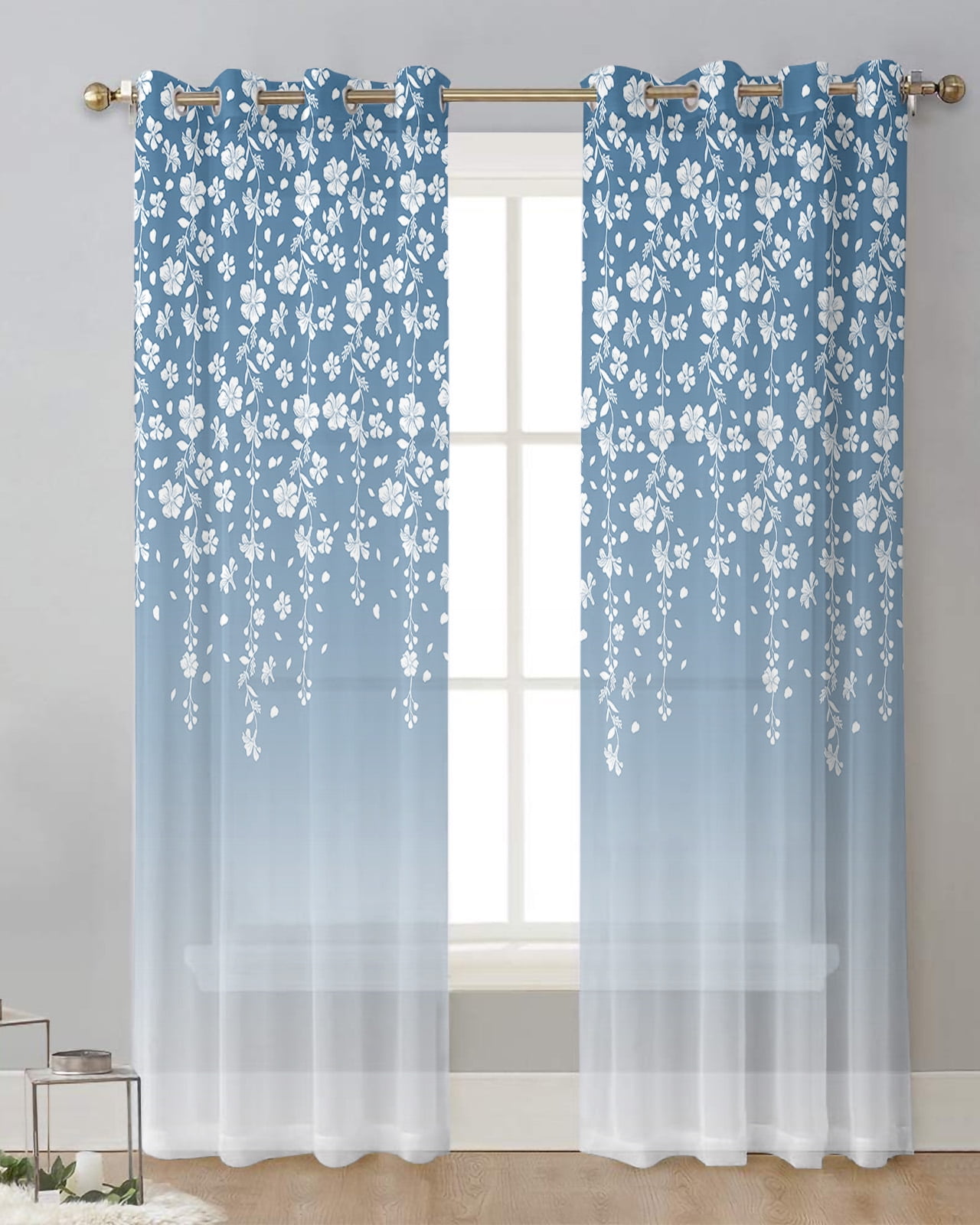 Teal Flower Tulle Living Room ration Transparent Sheer Curtains Bedroom ...