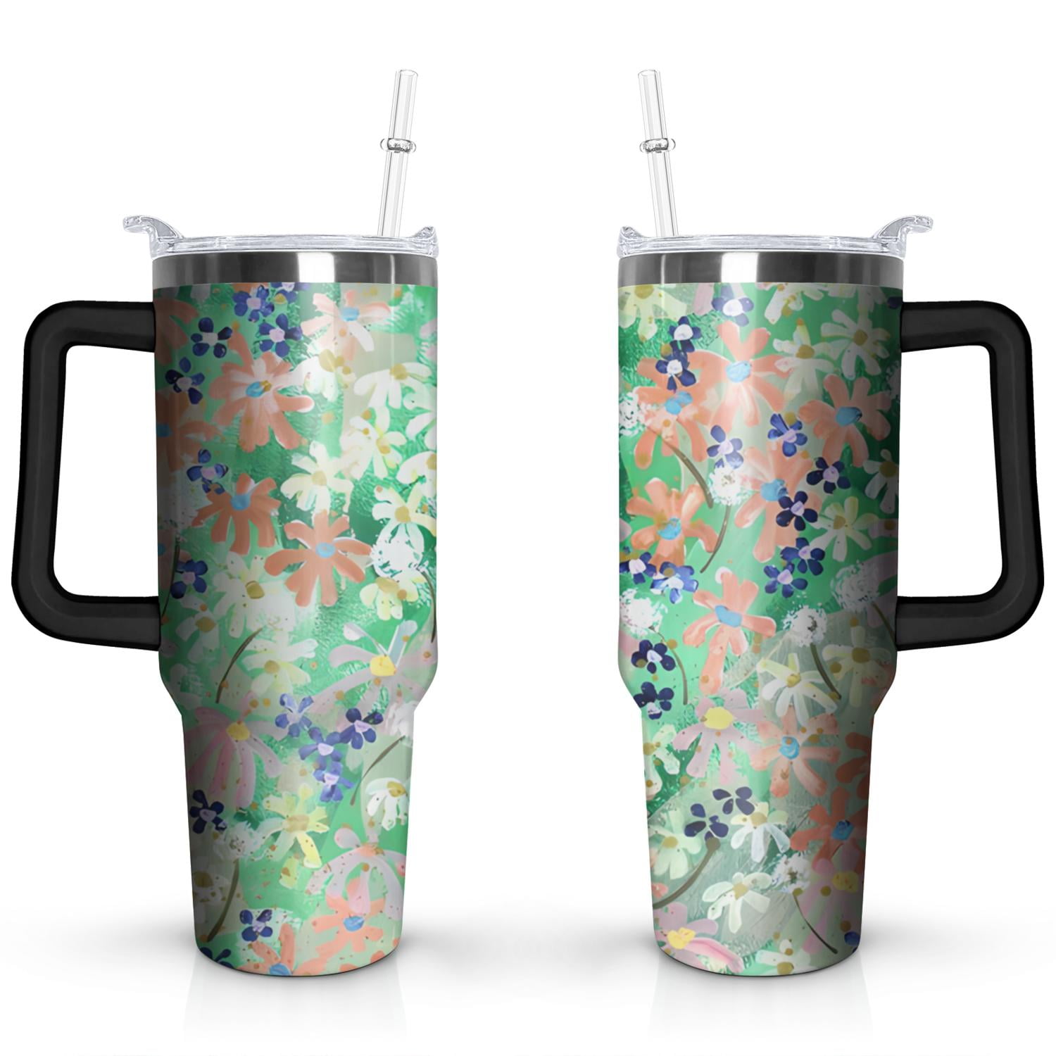 Teal Flowers 40 OZ Tumbler Cup with Lid and Straw for Water Iced Tea ...