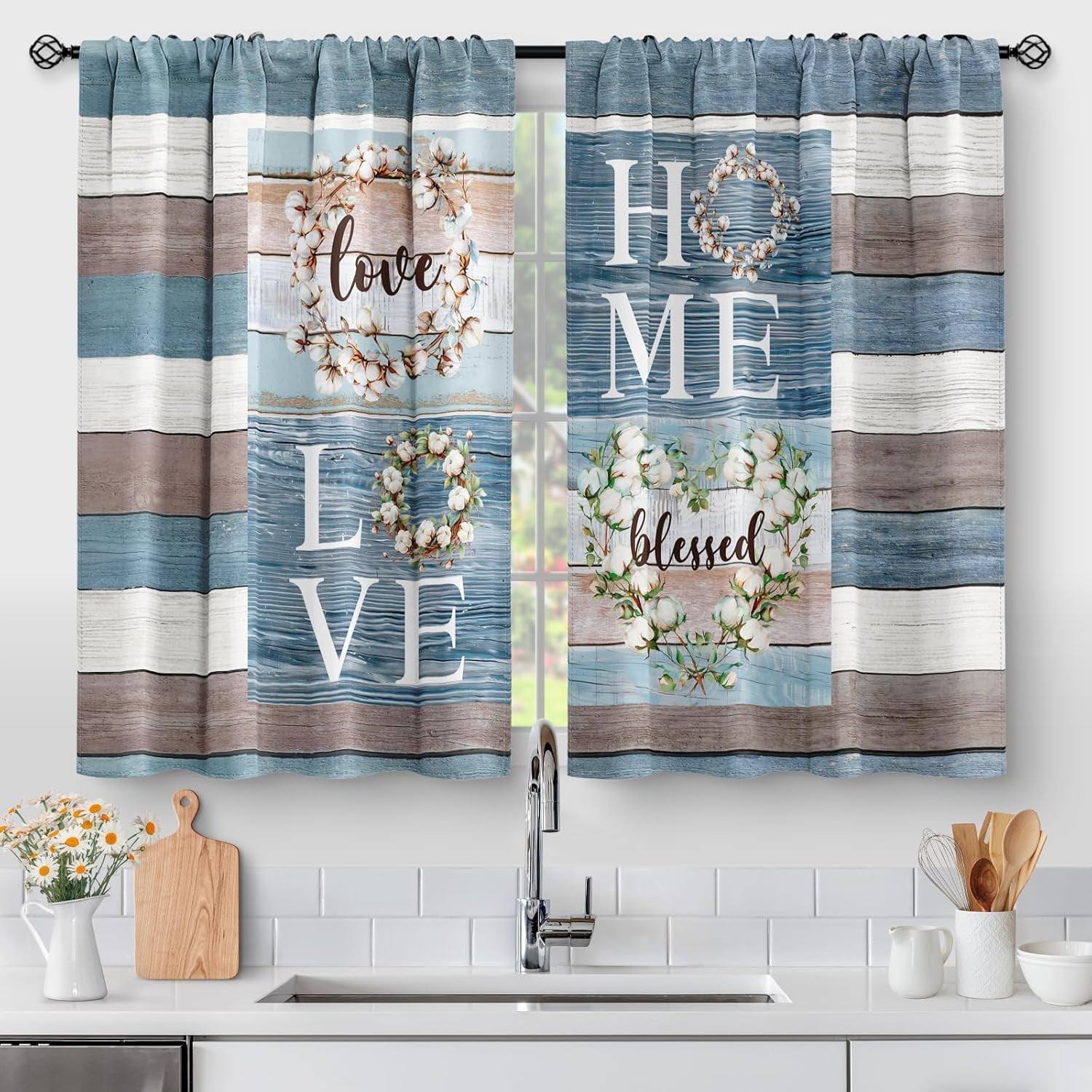 Teal Flowers Kitchen Curtains - Rustic Wood Cafe Farmhouse Small Short ...