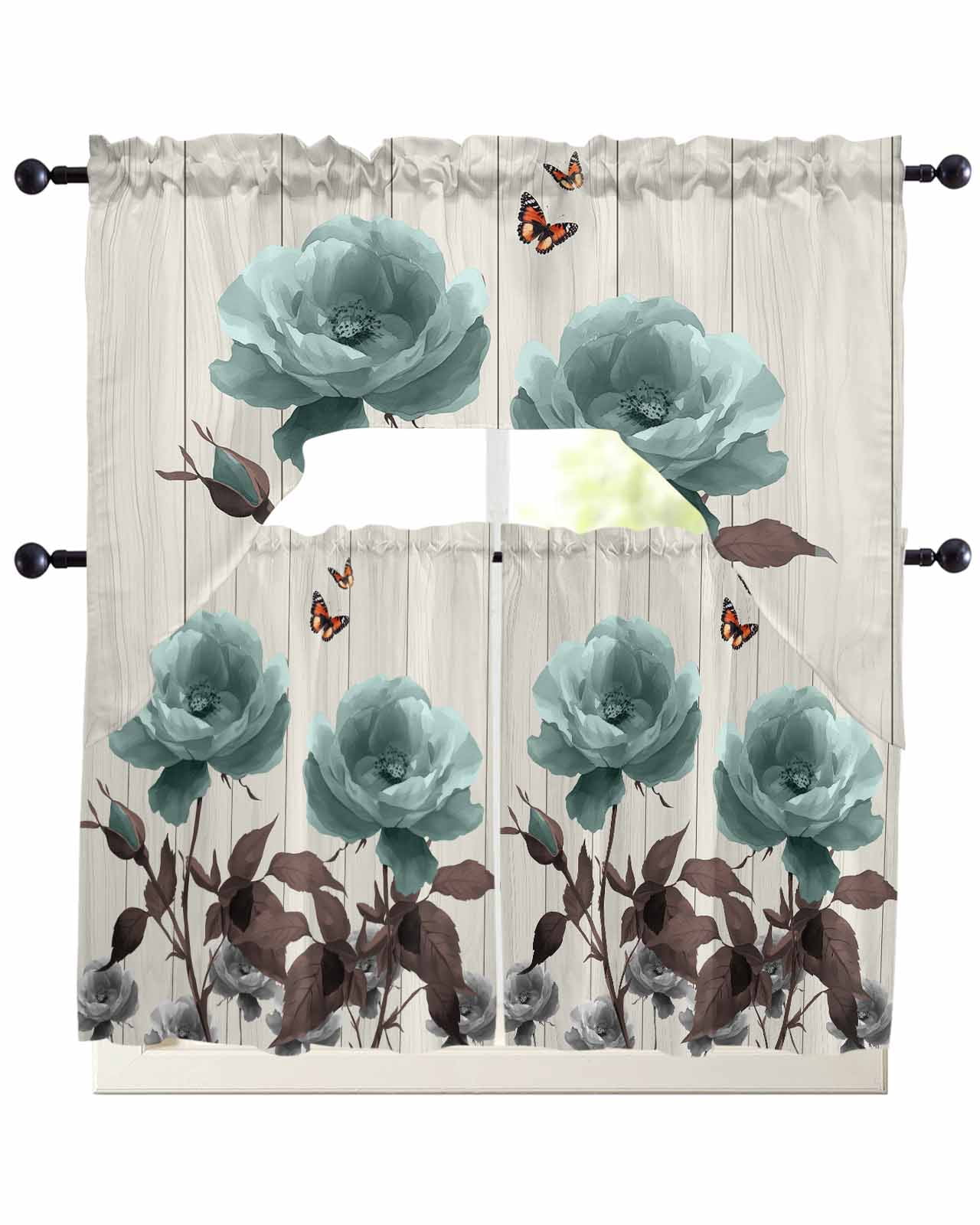 Teal Flowers Kitchen Curtains Swag Valance and Tier Curtains Set 36 ...