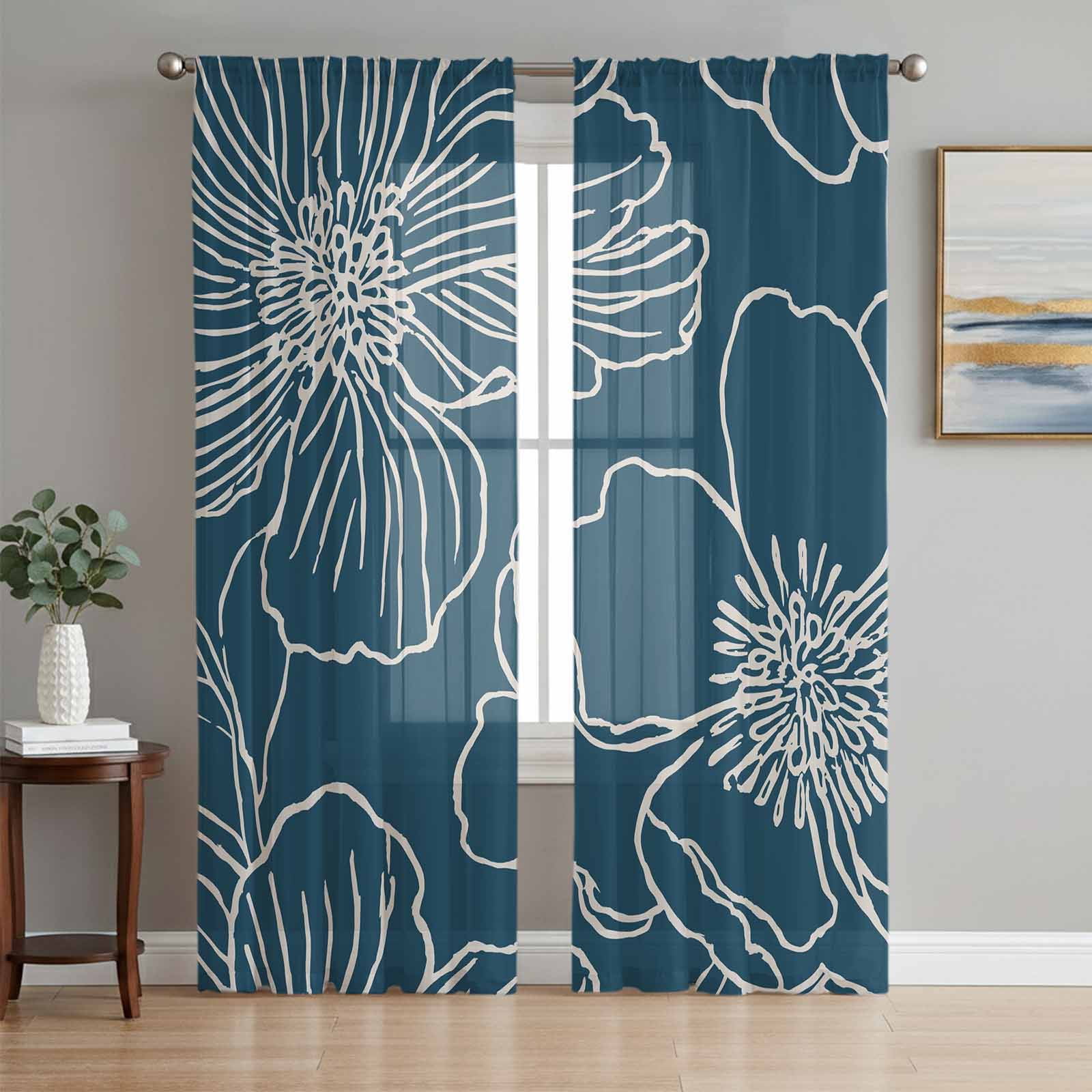 Teal Flowers Sheer Curtains 96 Inch Length 2 Panels Set Window ...
