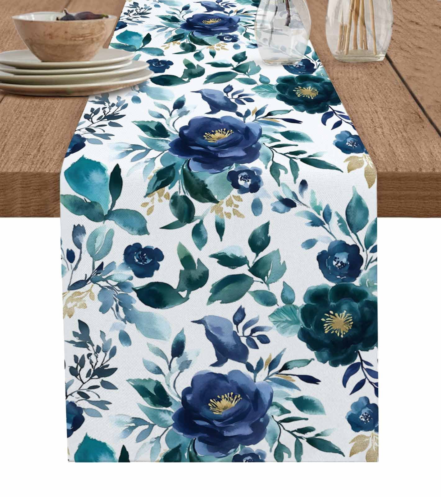 Teal Flowers Table Runner 36 Inches, Farmhouse Spring Botanical Floral ...