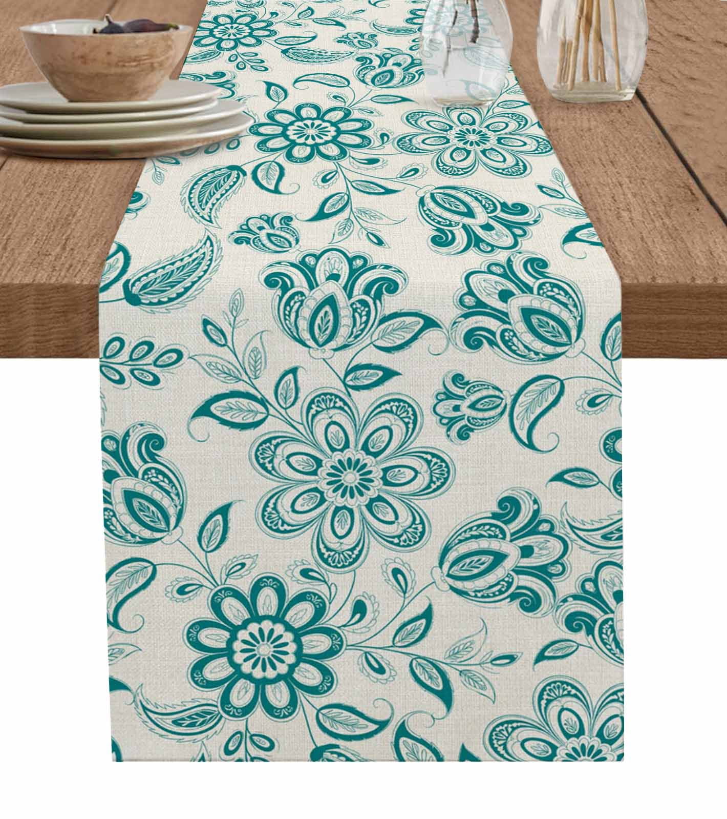 Teal Flowers Table Runner 72 Inches, Vintage Ethnic Tribe Country ...