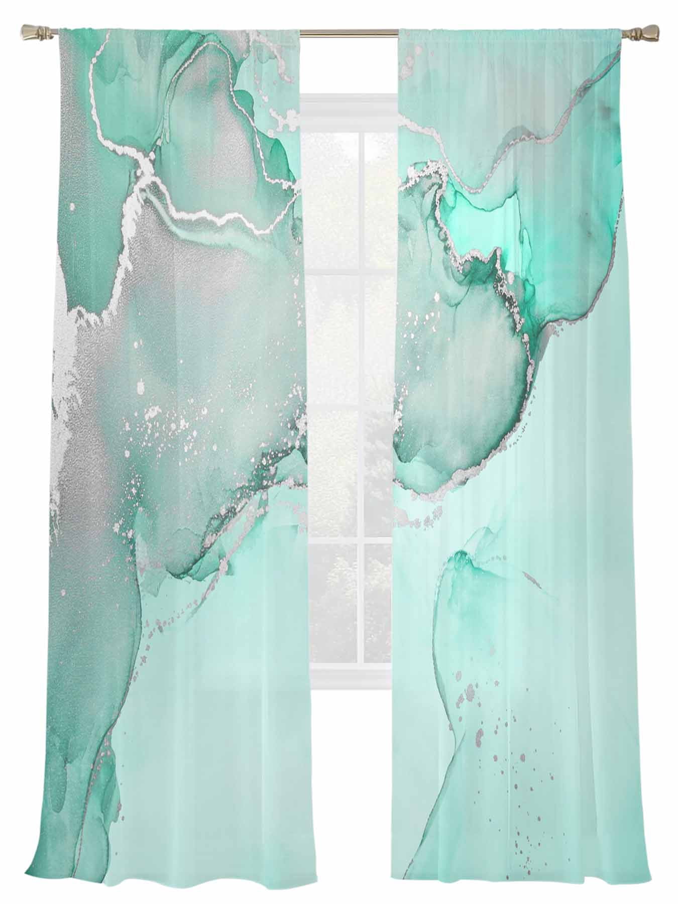 Teal Fluid Art Sheer Curtains for Living Room Bedroom, Light-filtering ...