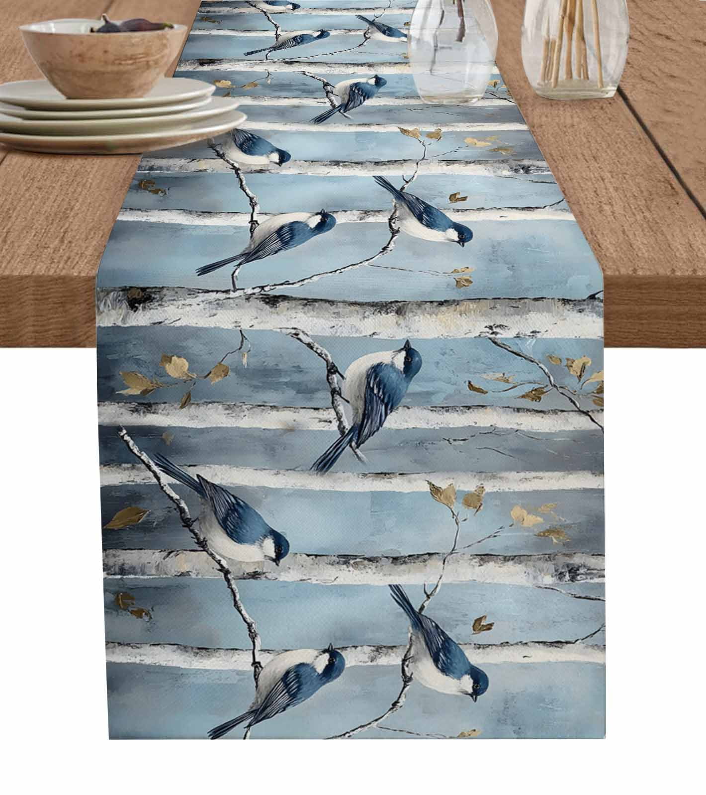 Teal Forest Birds Burlap Cotton Table Runner 13x48 Inches Long, Modern ...