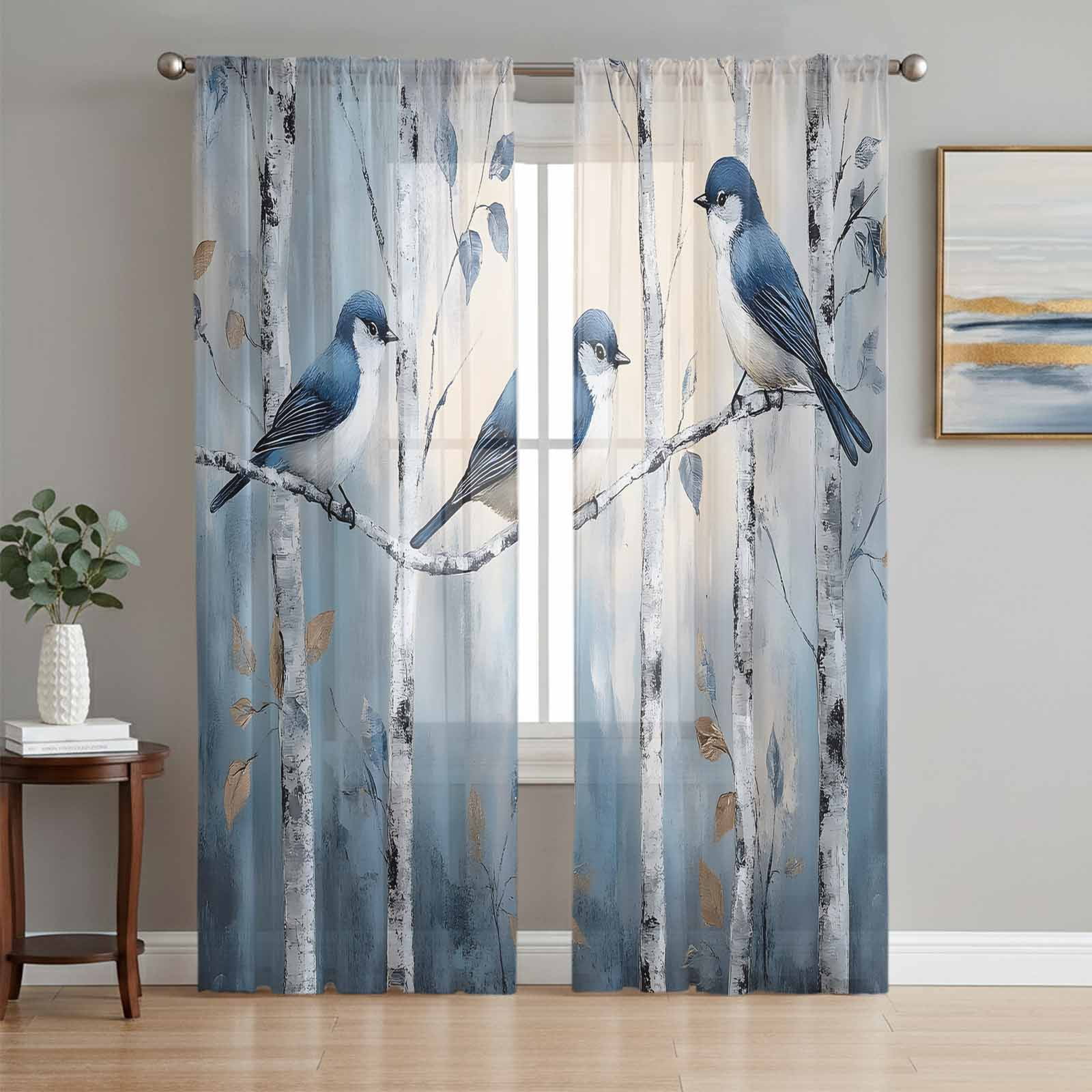 Teal Forest Birds Sheer Curtains 84 Inch Length 2 Panels Set, Modern ...