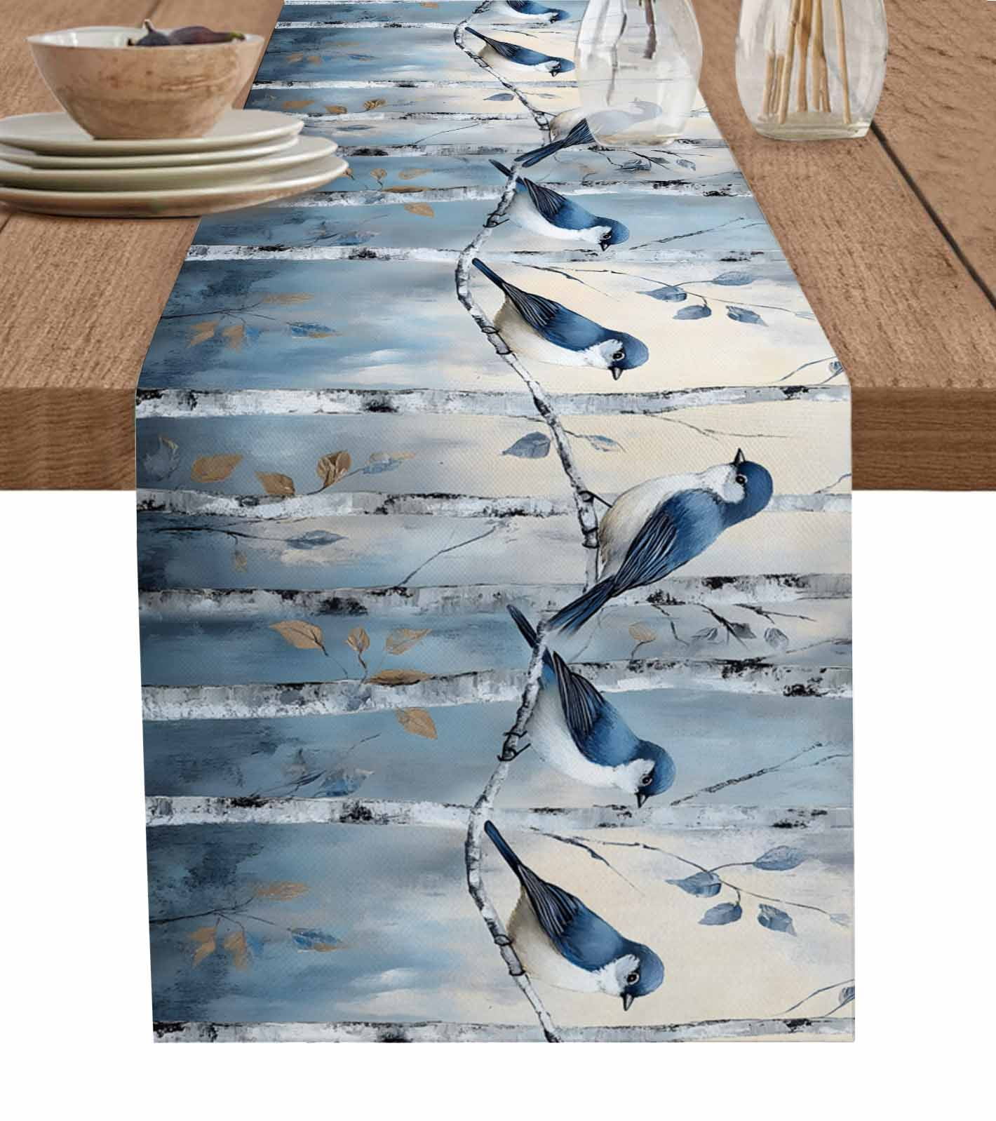 Teal Forest Birds Table Runner 36 Inches, Modern Oil Painting Farmhouse ...
