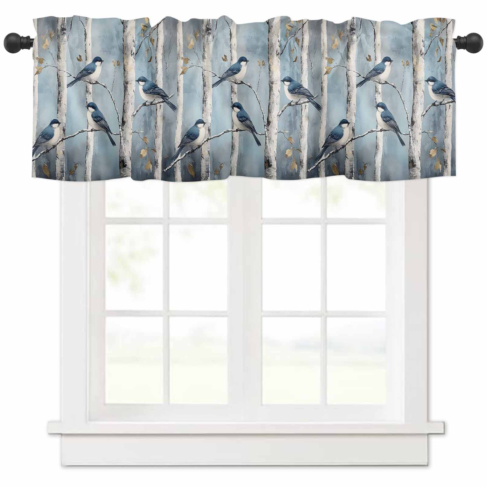 Teal Forest Birds Valances for Windows Farmhouse Kitchen Curtains ...