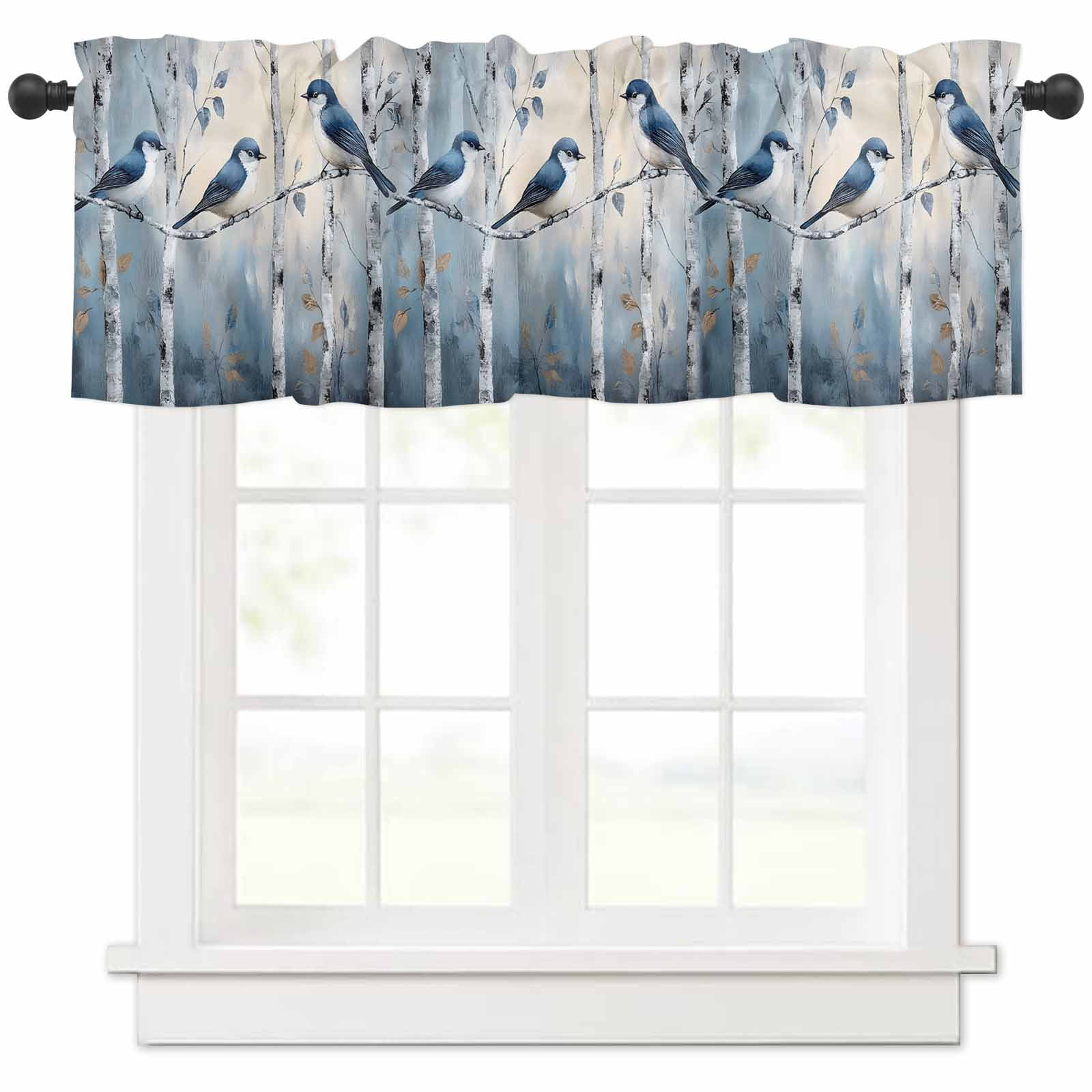 Teal Forest Birds Valances for Windows Farmhouse Kitchen Curtains ...