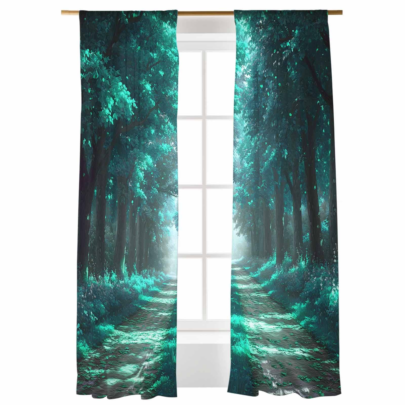 Teal Forest Sheer Curtains 84 inches Long, Countryside Woods Modern Art Fantasy Light Filtering ...