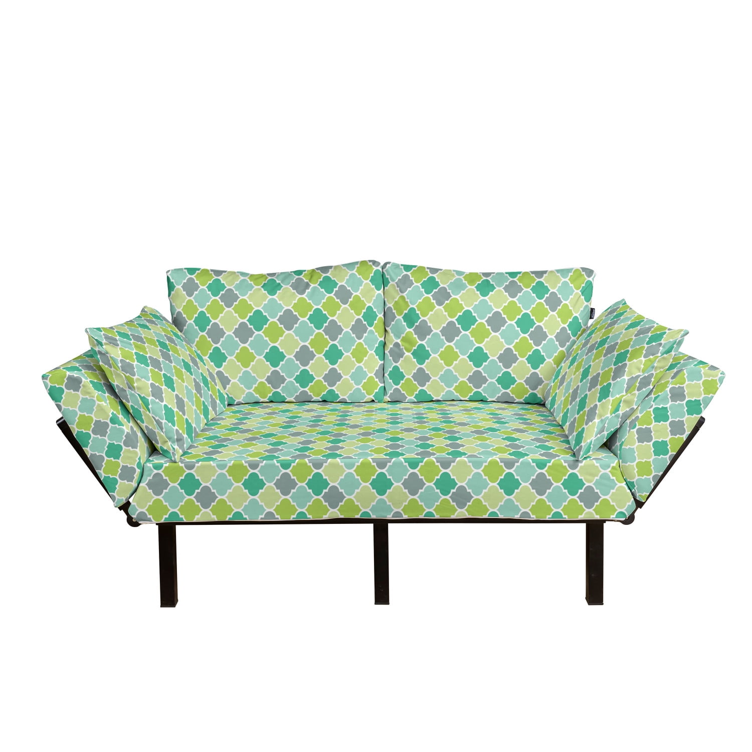 Teal Futon Couch, Traditional Moroccan Cultural Pattern Trellis Quatrefoil Motif in Vibrant ...