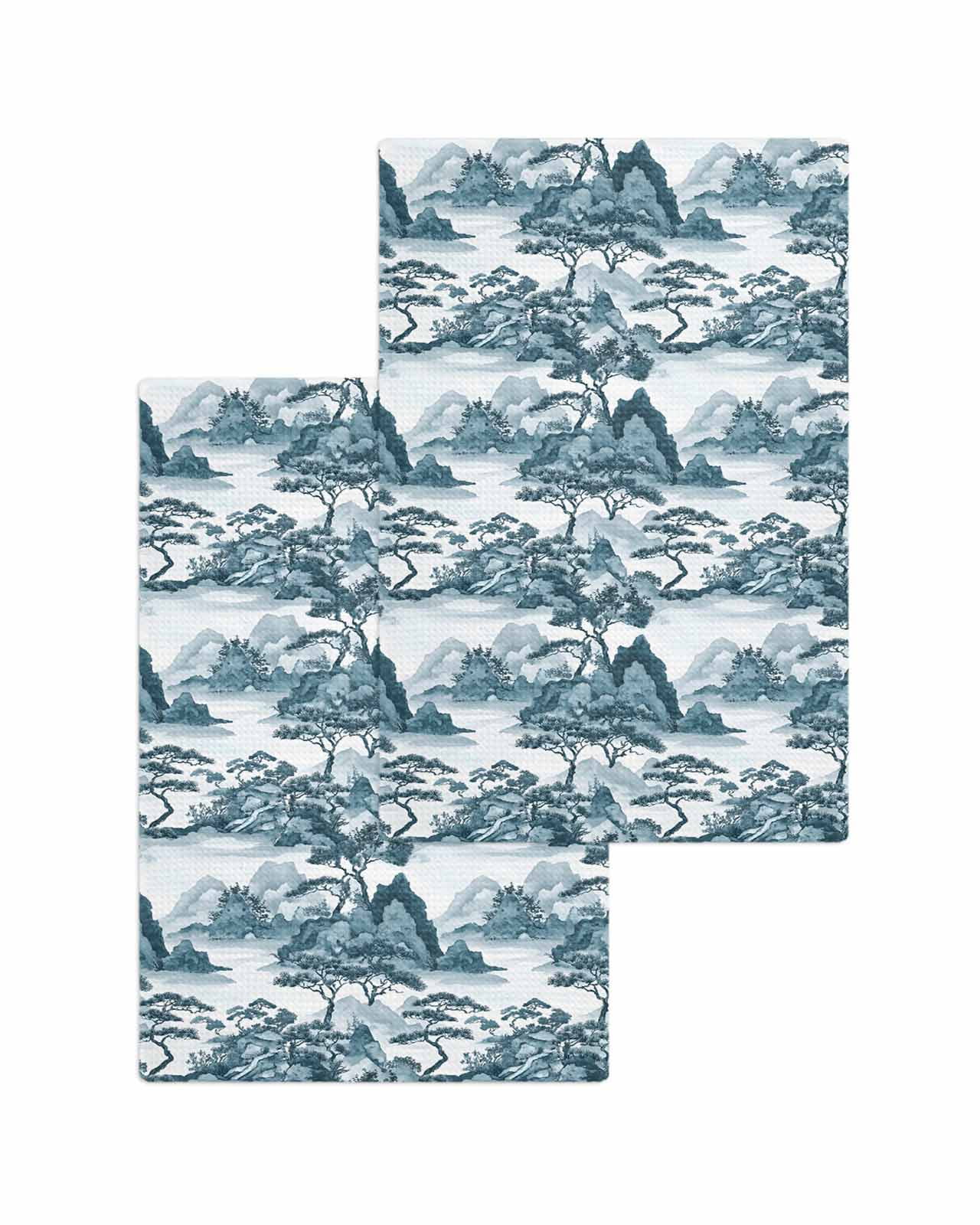 Teal Garden Kitchen Dish Towels for Drying Dishes Set of 2, Retro Mountain Tree Forest Landscape ...